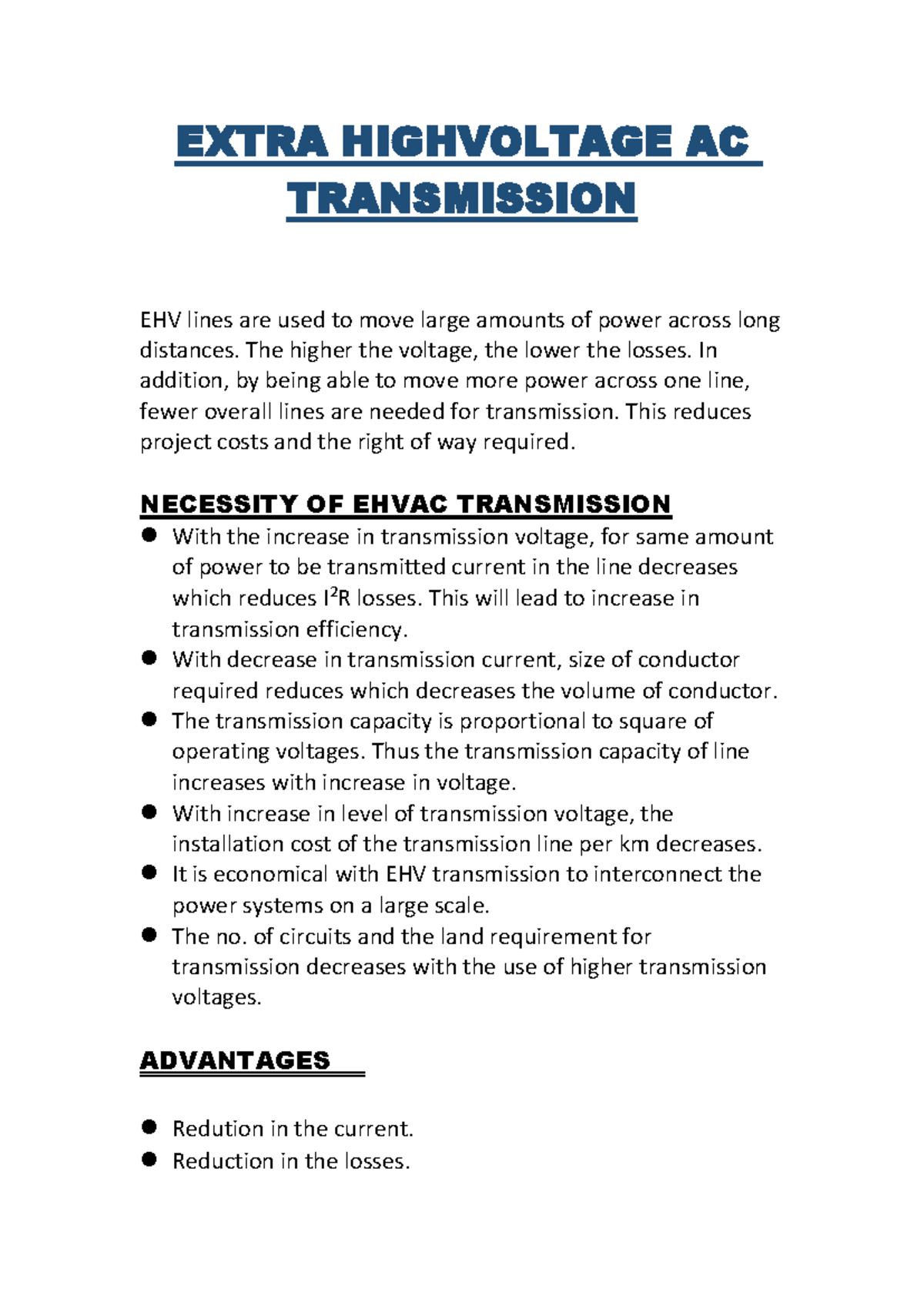 EHV AC Transmission Lecture Notes: Key Concepts & Advantages - Studocu