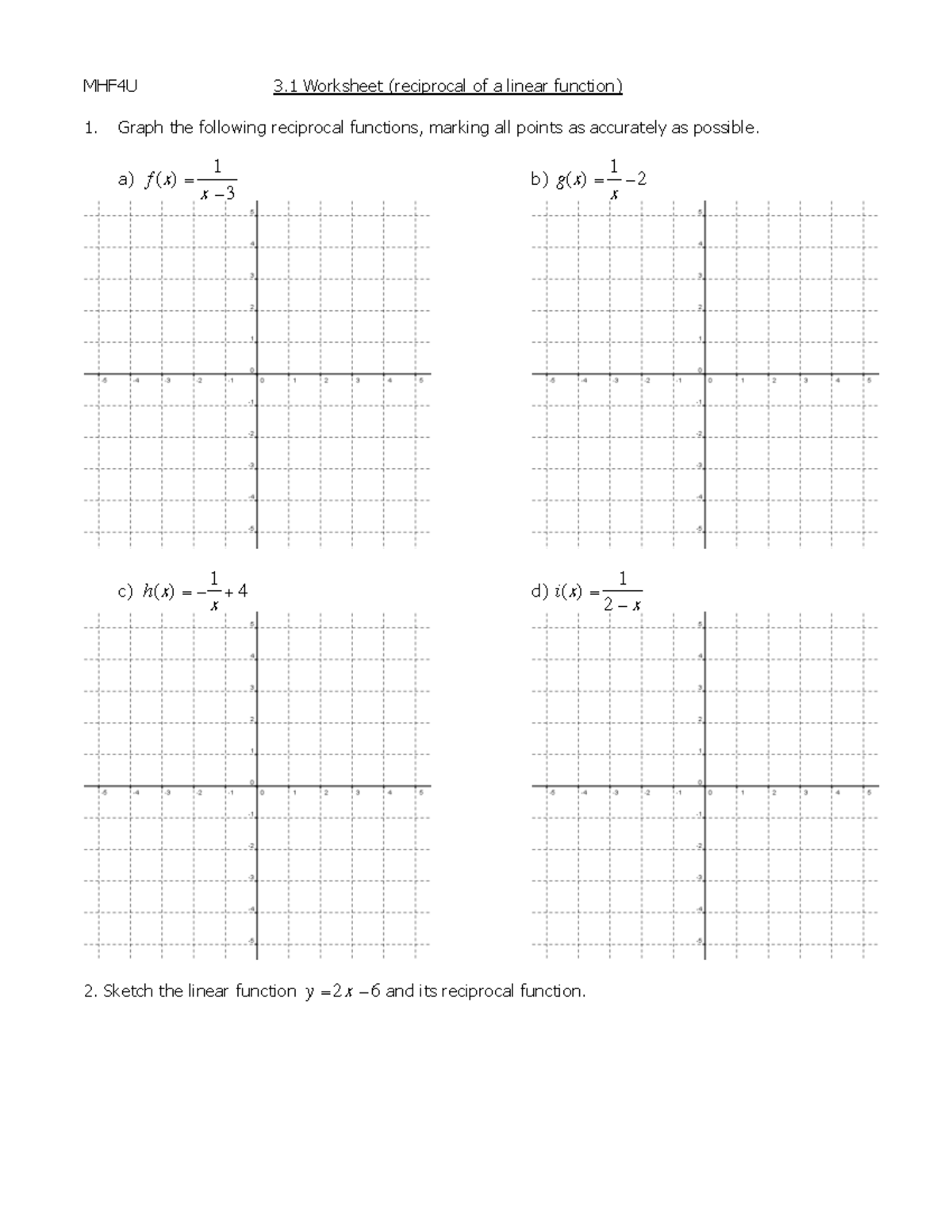 MHF4U 3.1 Worksheet: Graphing Reciprocal Linear Functions - Studocu