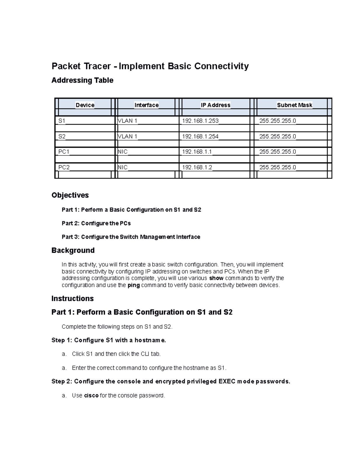 2.7.6 Packet Tracer - Basic Network Connectivity Setup Guide - Studocu