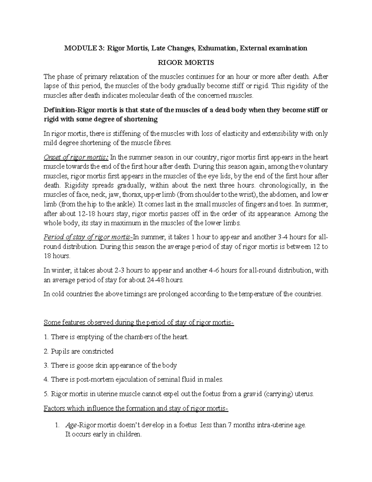 MODULE 3: Rigor Mortis, Late Changes & Exhumation Notes - Studocu