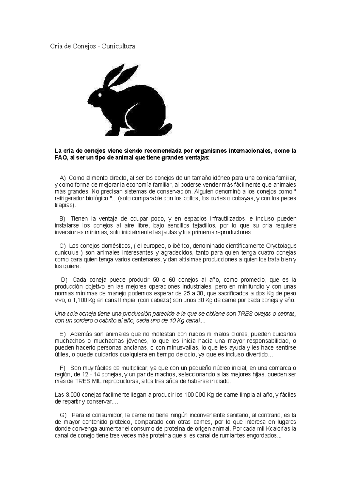 Cría de Conejos: Ventajas y Manejo Efectivo en Cunicultura - Studocu