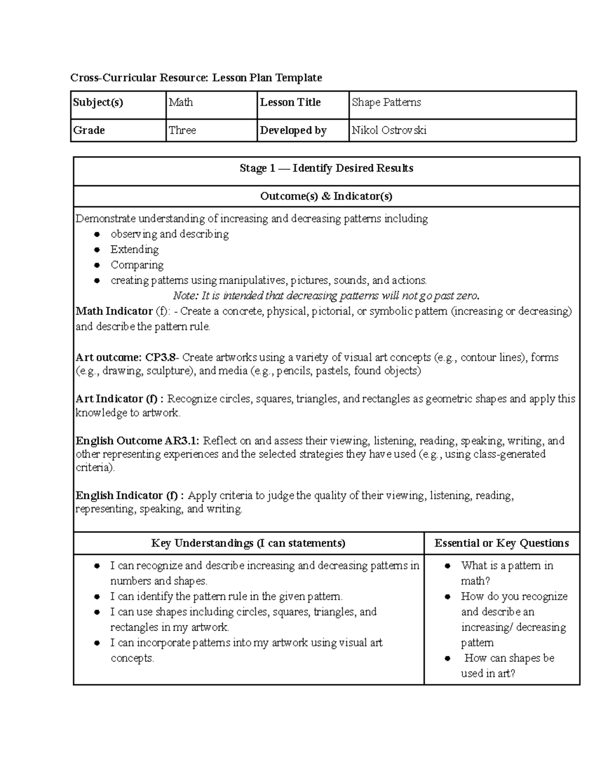 Lesson Plan for Math Grade 3 1 - Cross-Curricular Resource: Lesson Plan ...