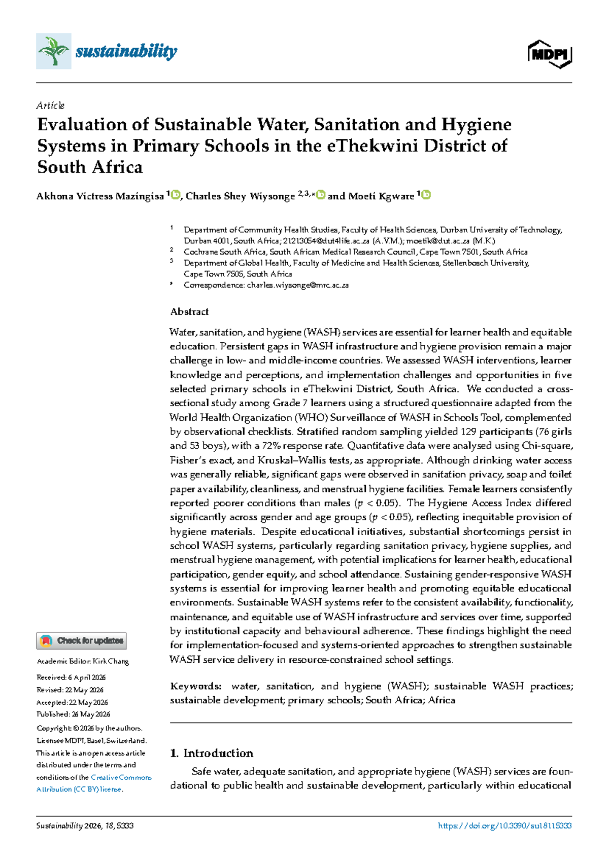 Evaluation of WASH Systems in Primary Schools: eThekwini District, SA ...