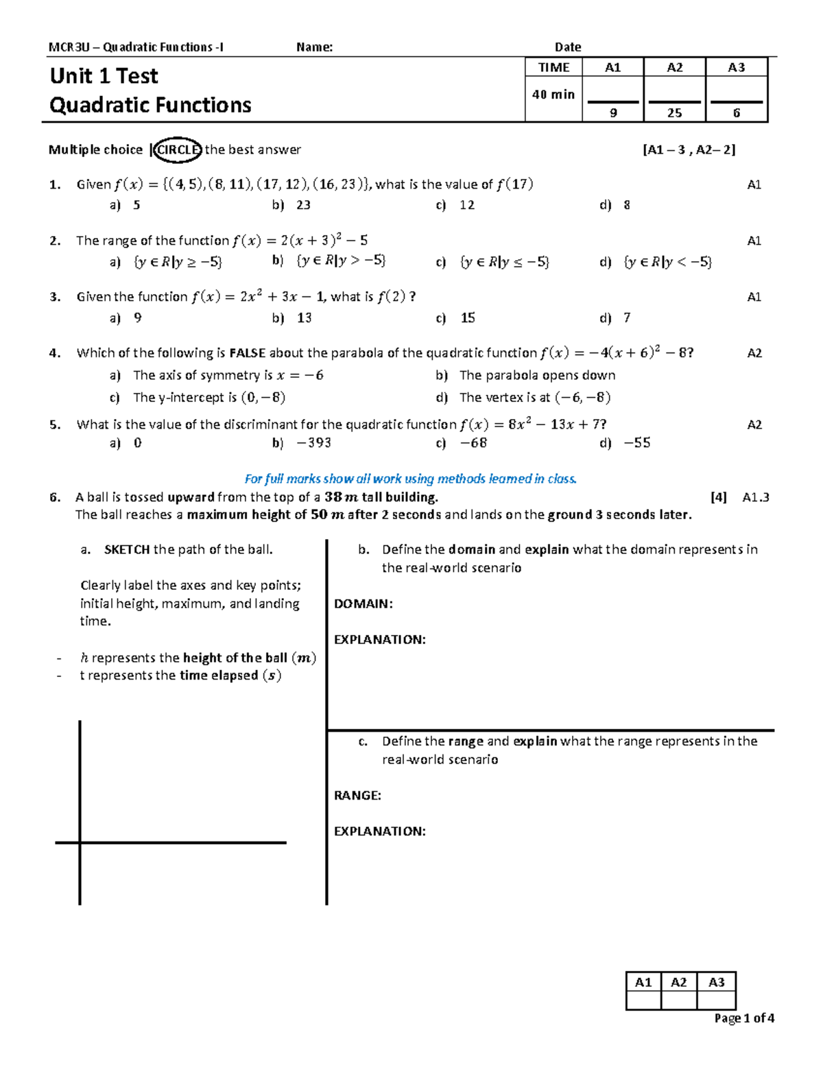 U1 MCR3U Quadratics Test 2024-25: Unit 1 Assessment - Studocu