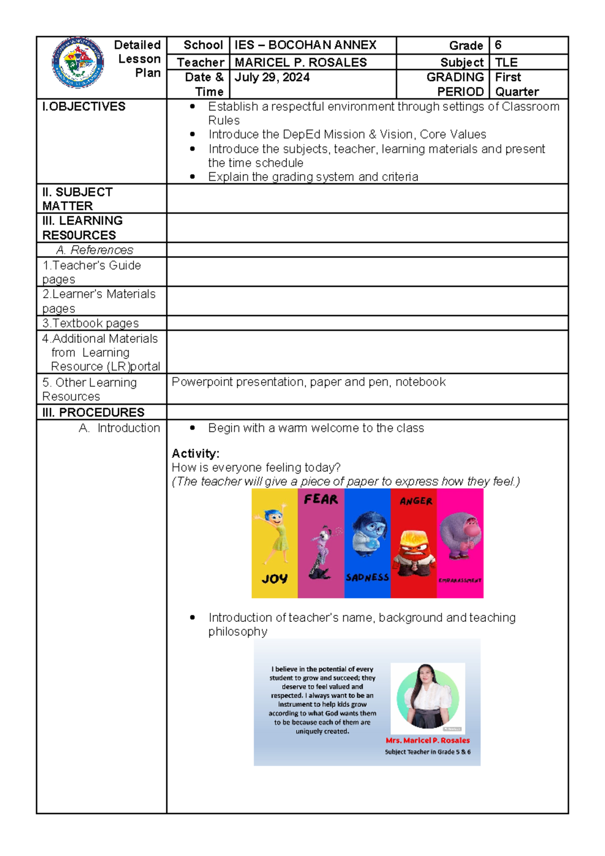Q1-W1-D1 - DLP FOR CLASS ORIENTATION - Detailed Lesson Plan School IES ...