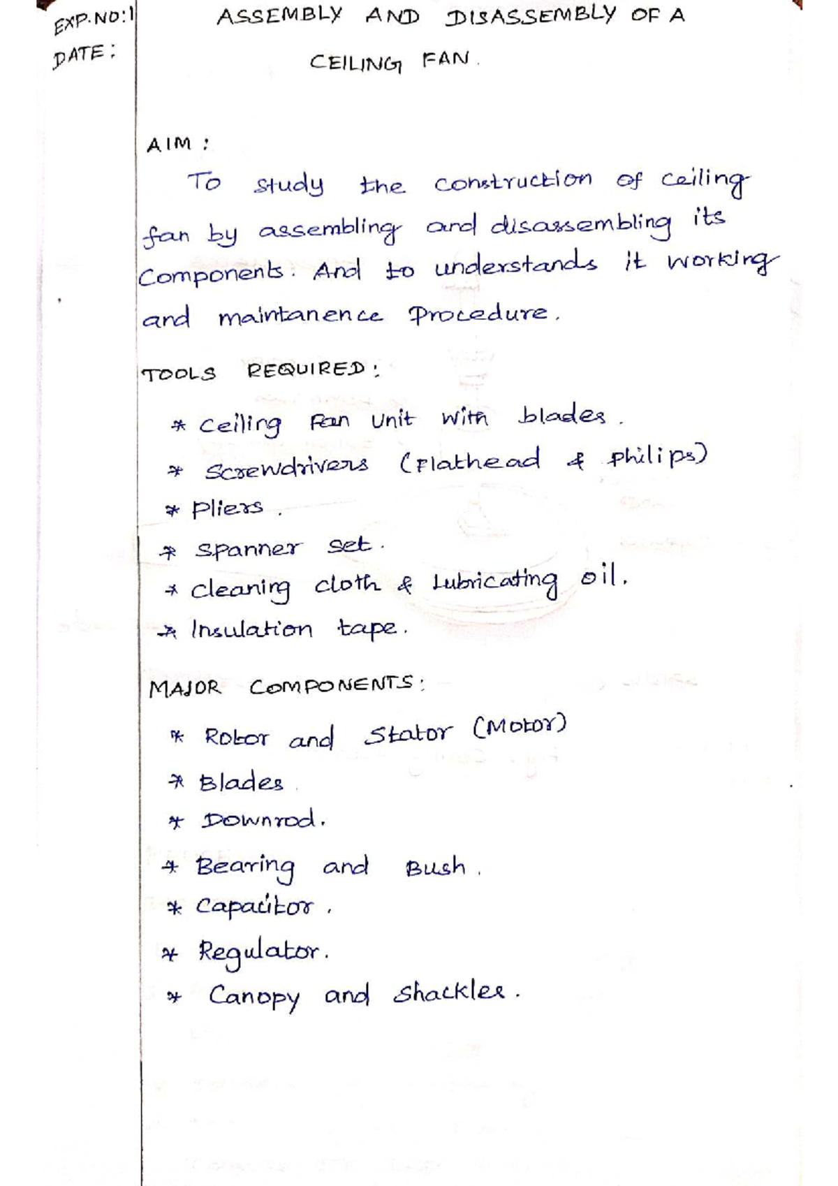 Exp. 1 - Assembly and Disassembly of Ceiling Fan (CE VISM322A2KI) - Studocu