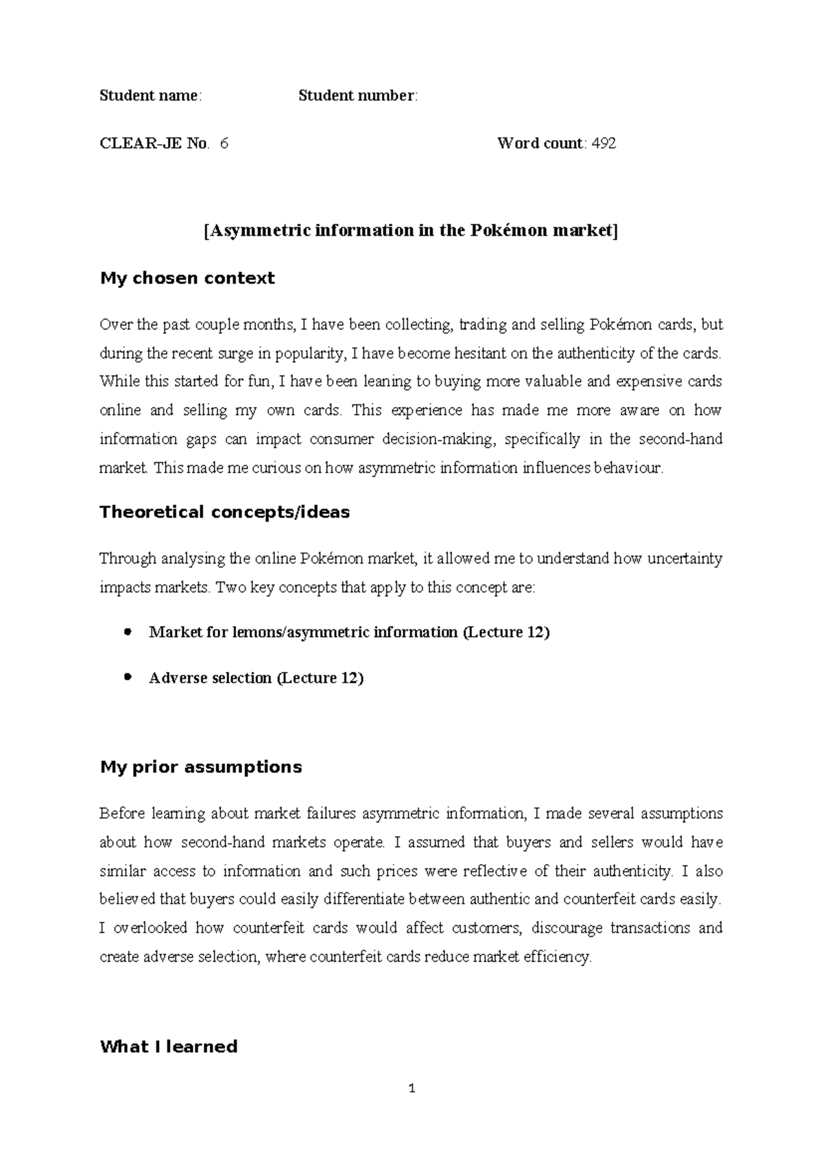 CLEAR-JE-NO.6: Analyzing Asymmetric Info in Pokémon Card Market - Studocu