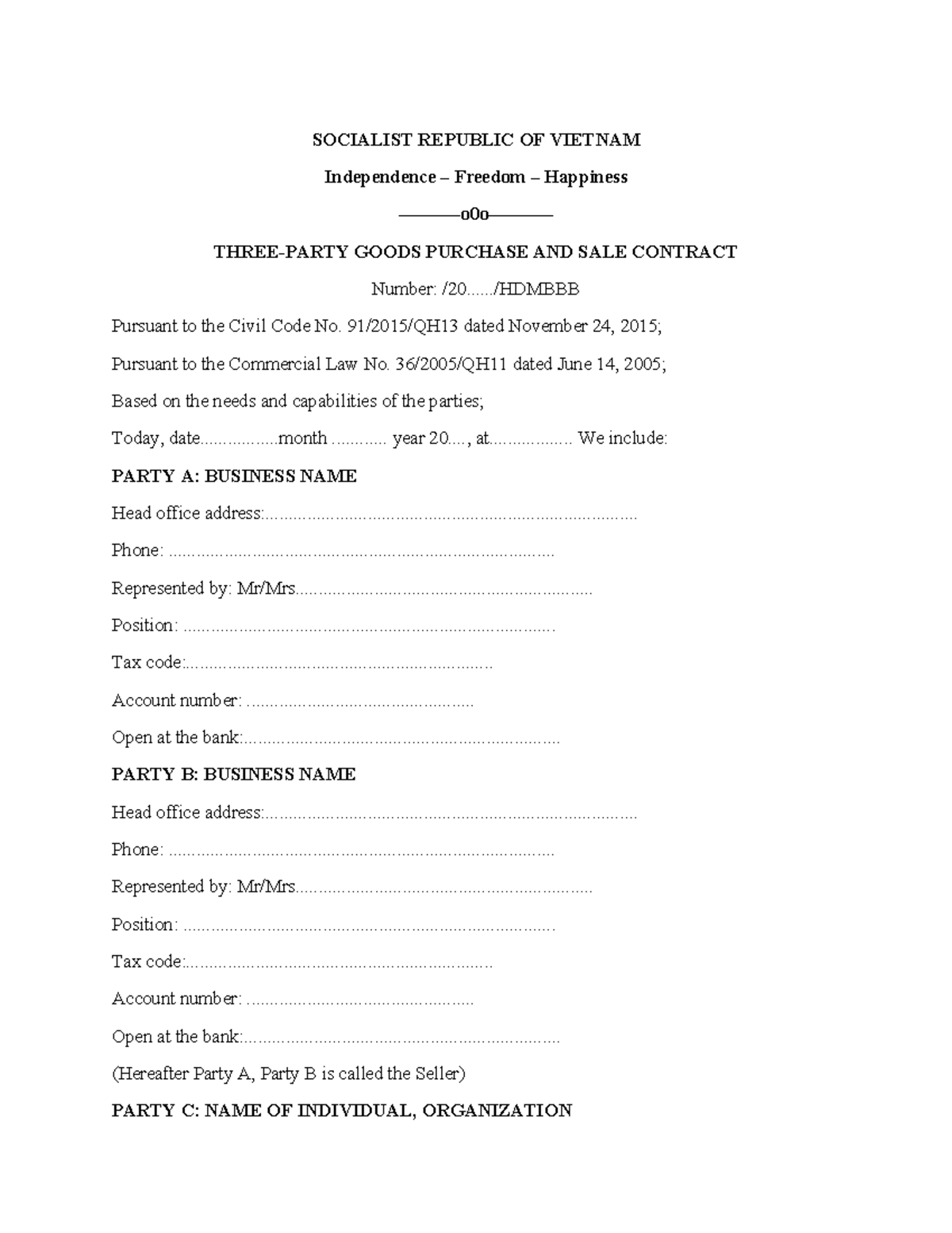 Goods Purchase and Sale Contract Template (3 Parties) - Studocu