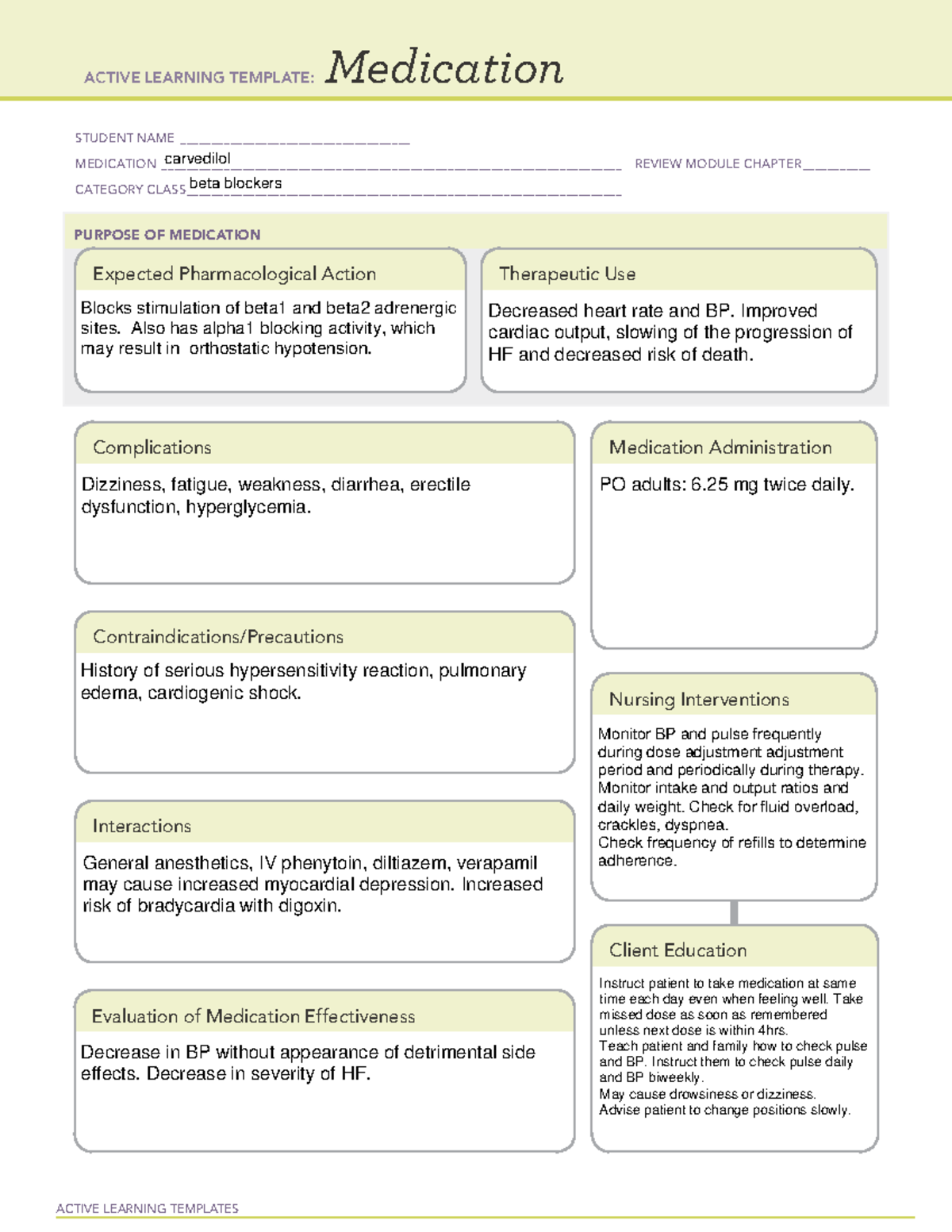 Med Card Carvedilol - Med card - ACTIVE LEARNING TEMPLATES Medication ...