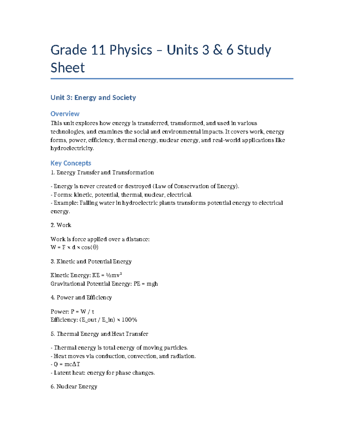 Grade 11 Physics Study Sheet: Units 3 & 6 - Energy & Society Overview ...