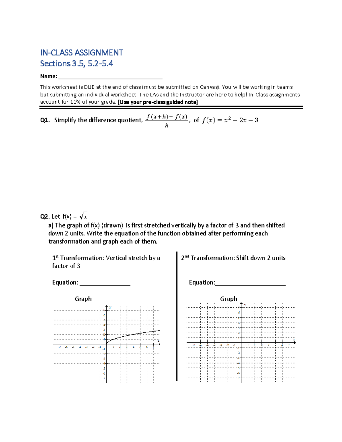 MATH 101: Assignment on Difference Quotients & Transformations - Studocu