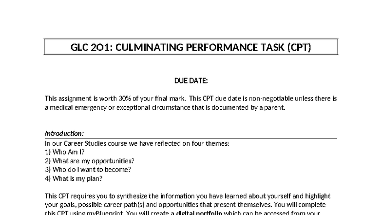 GLC 2O1: Final CPT Portfolio Guidelines and Reflection Steps - Studocu