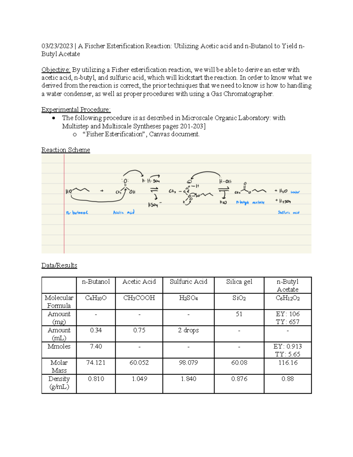 Lab Report: Fischer Esterification of Acetic Acid and n-Butanol to n ...