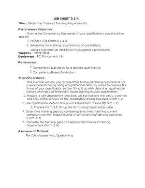 JOB Sheet 3.1-4 Trainees Training Requirements - JOB SHEET 3- Title ...