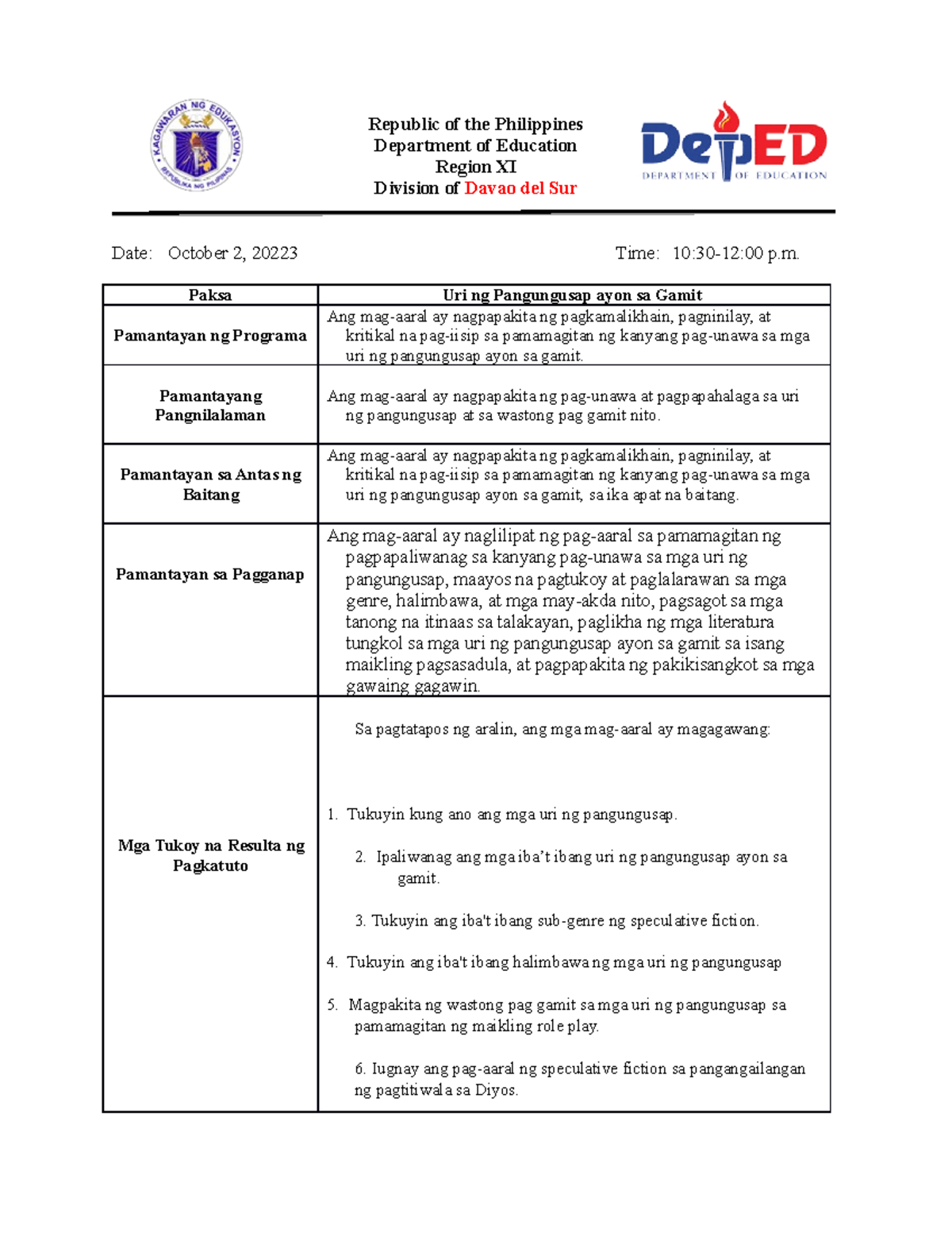 Semi Detalyadong Plano ng Aralin sa Filipino 1: Uri ng Pangungusap ...