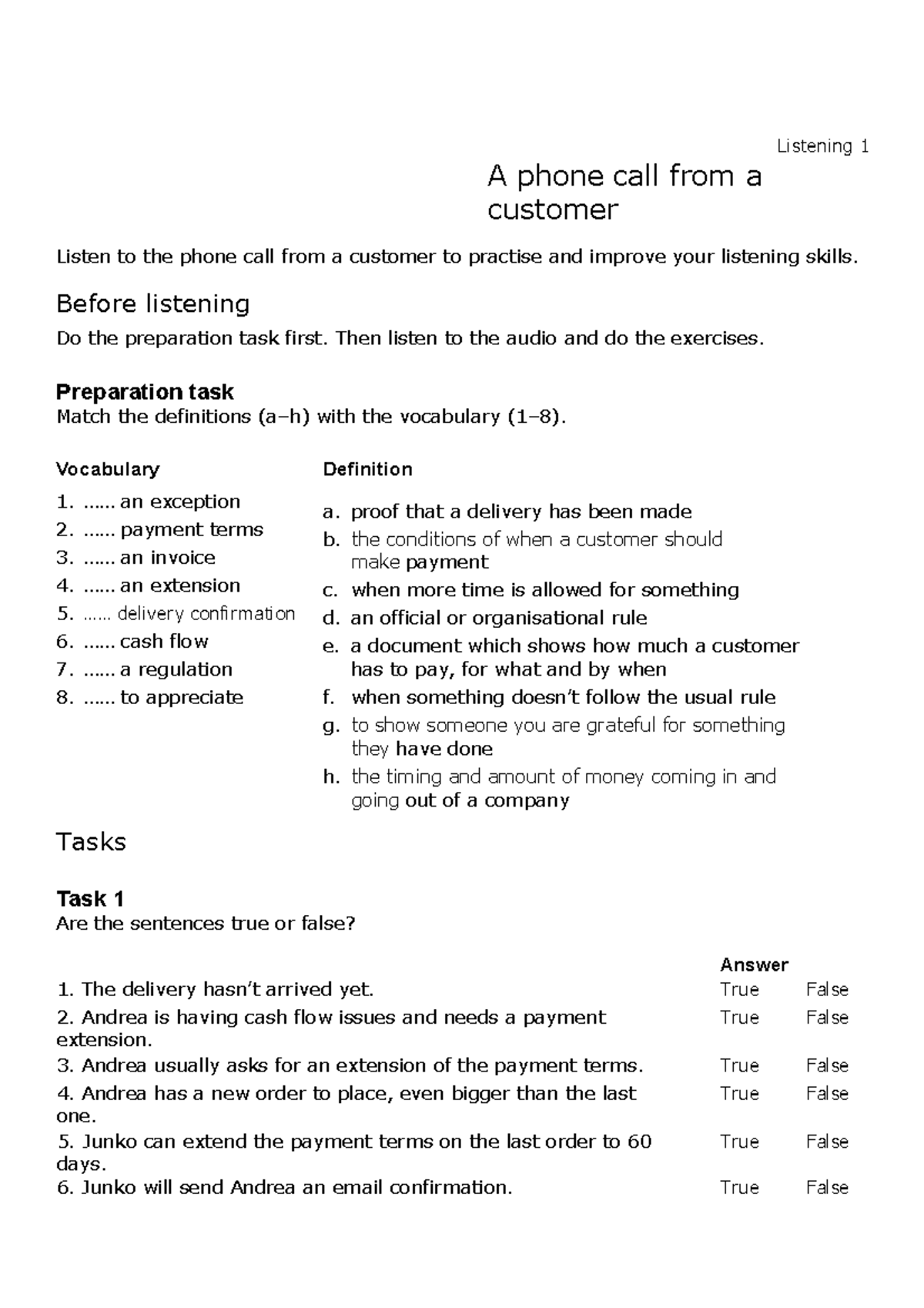 Listening Practice 1: Phone Call from Customer - Skill Enhancement ...