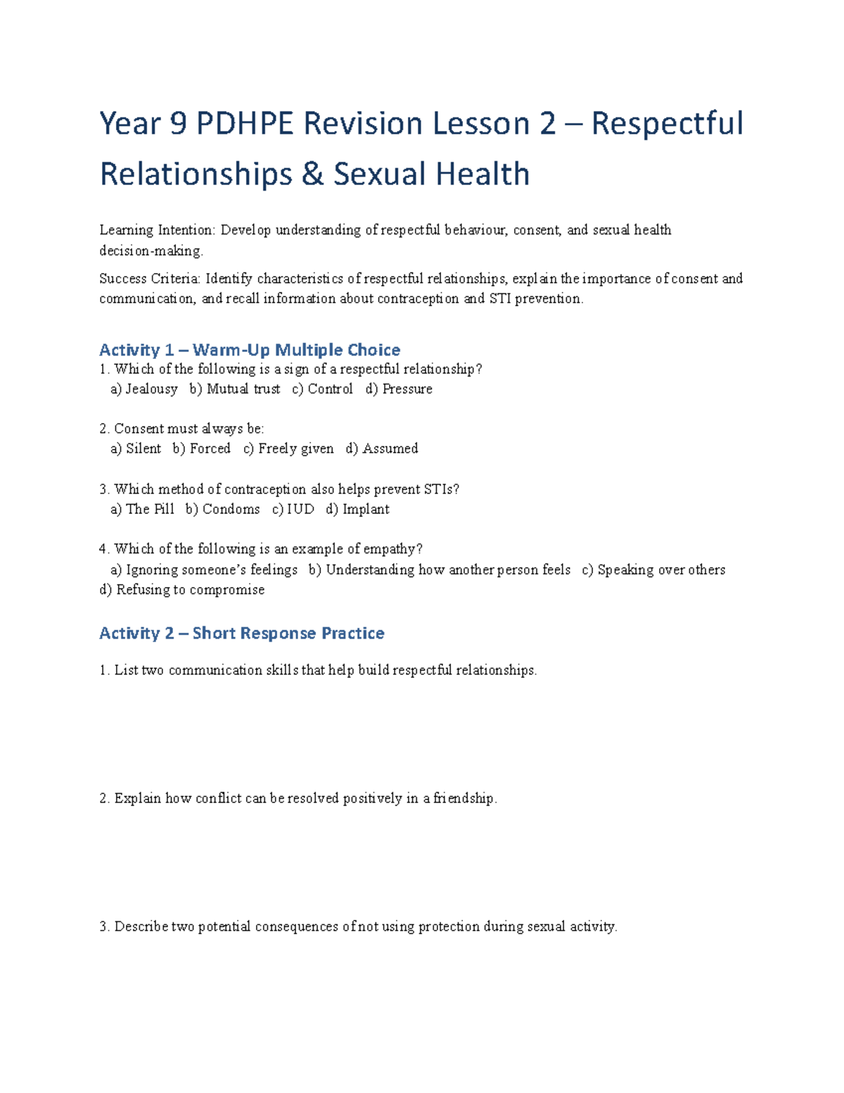 Year 9 PDHPE Revision Lesson 2: Respectful Relationships & Sexual ...