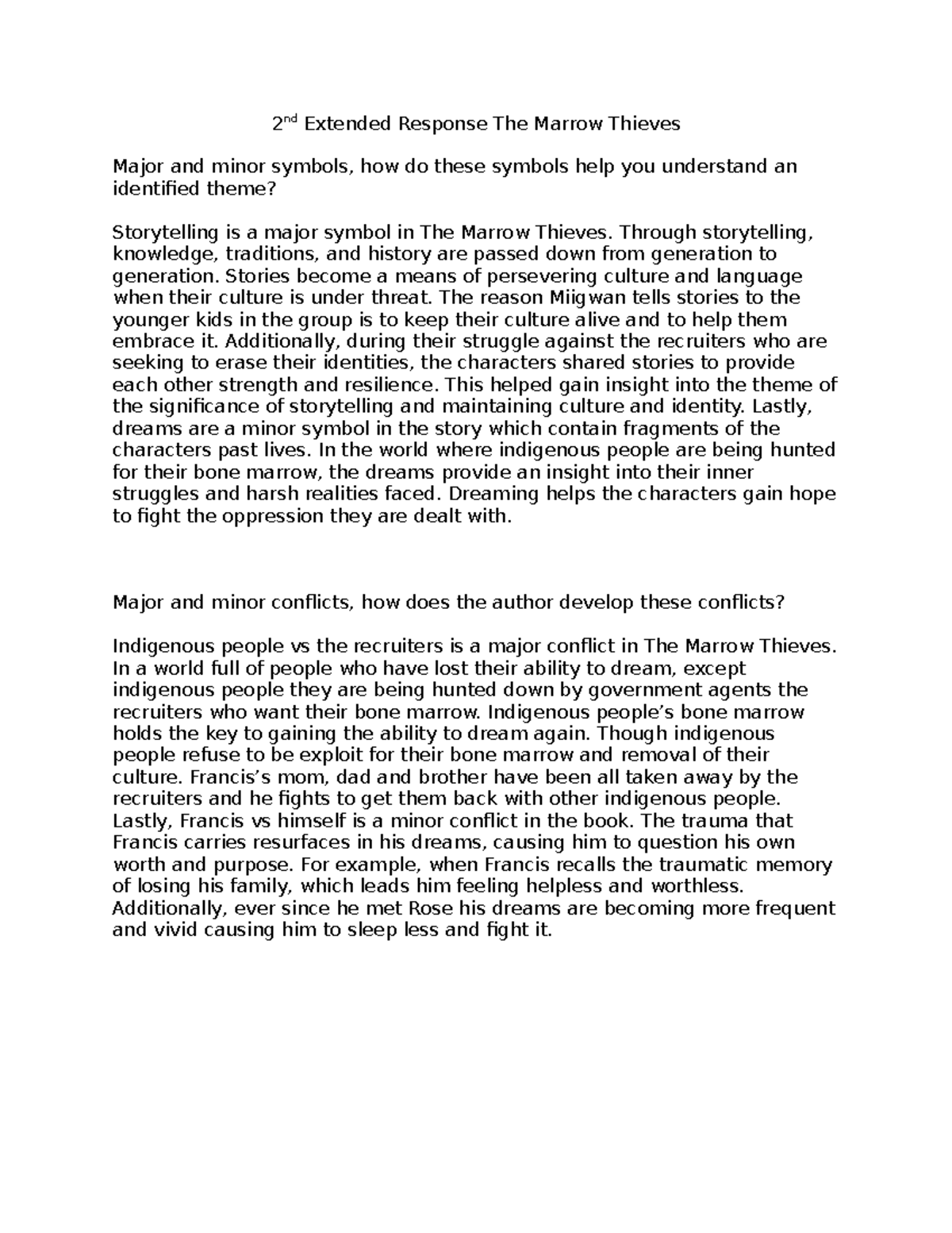 2nd Extended Response: Analyzing Symbols and Conflicts in The Marrow ...