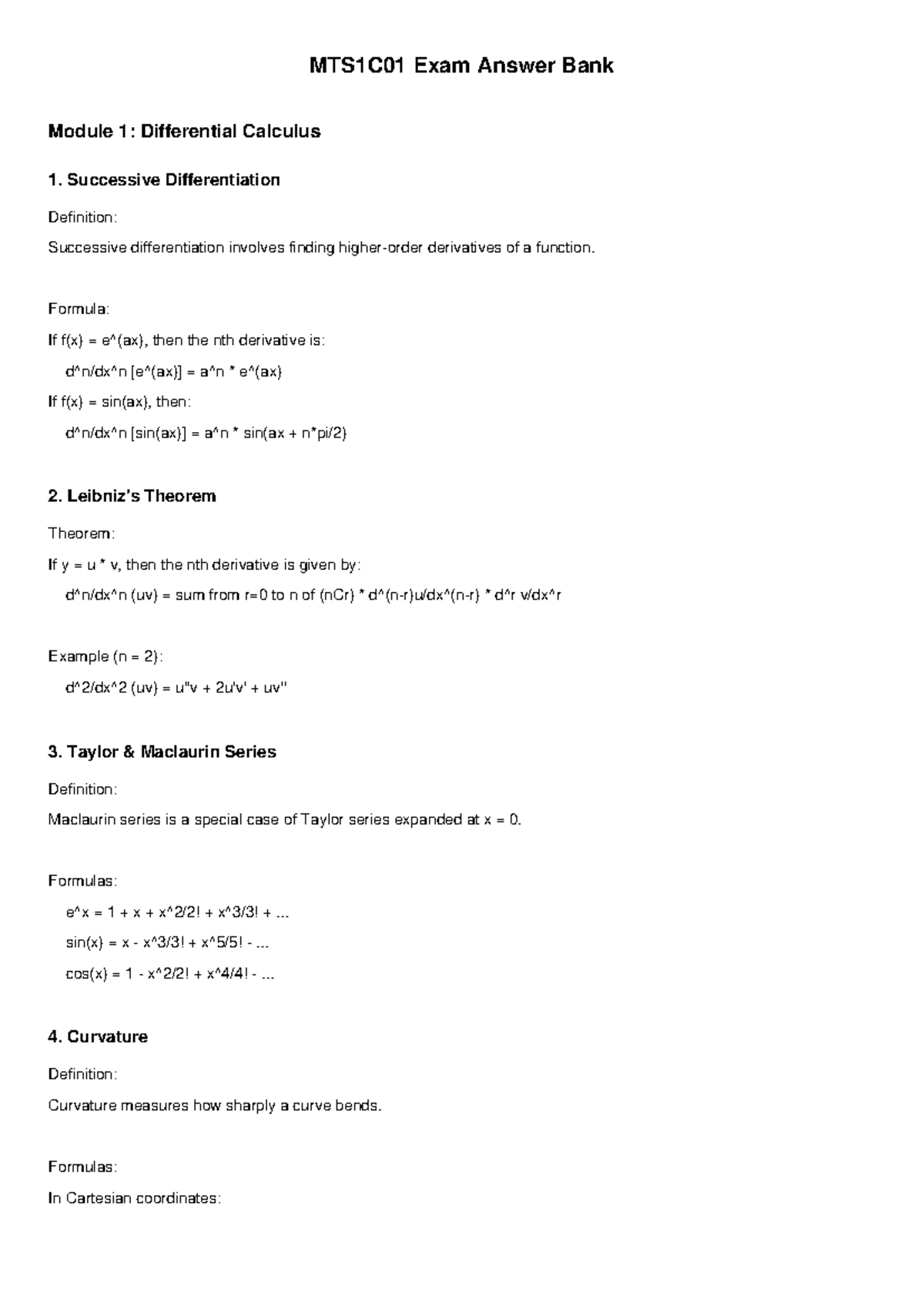 MTS1C01 Exam Answer Bank: Differential Calculus & Linear Algebra - Studocu