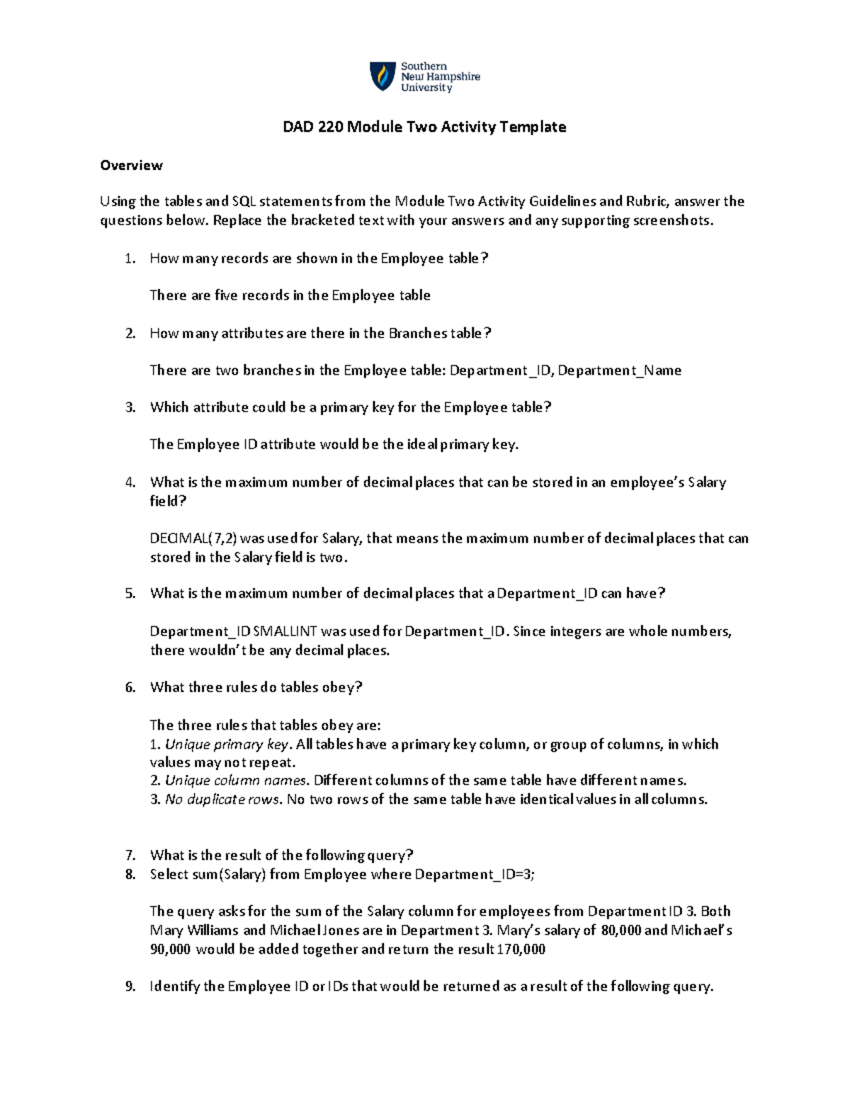 DAD 220 Module Two Activity: SQL Tables and Queries Overview - Studocu