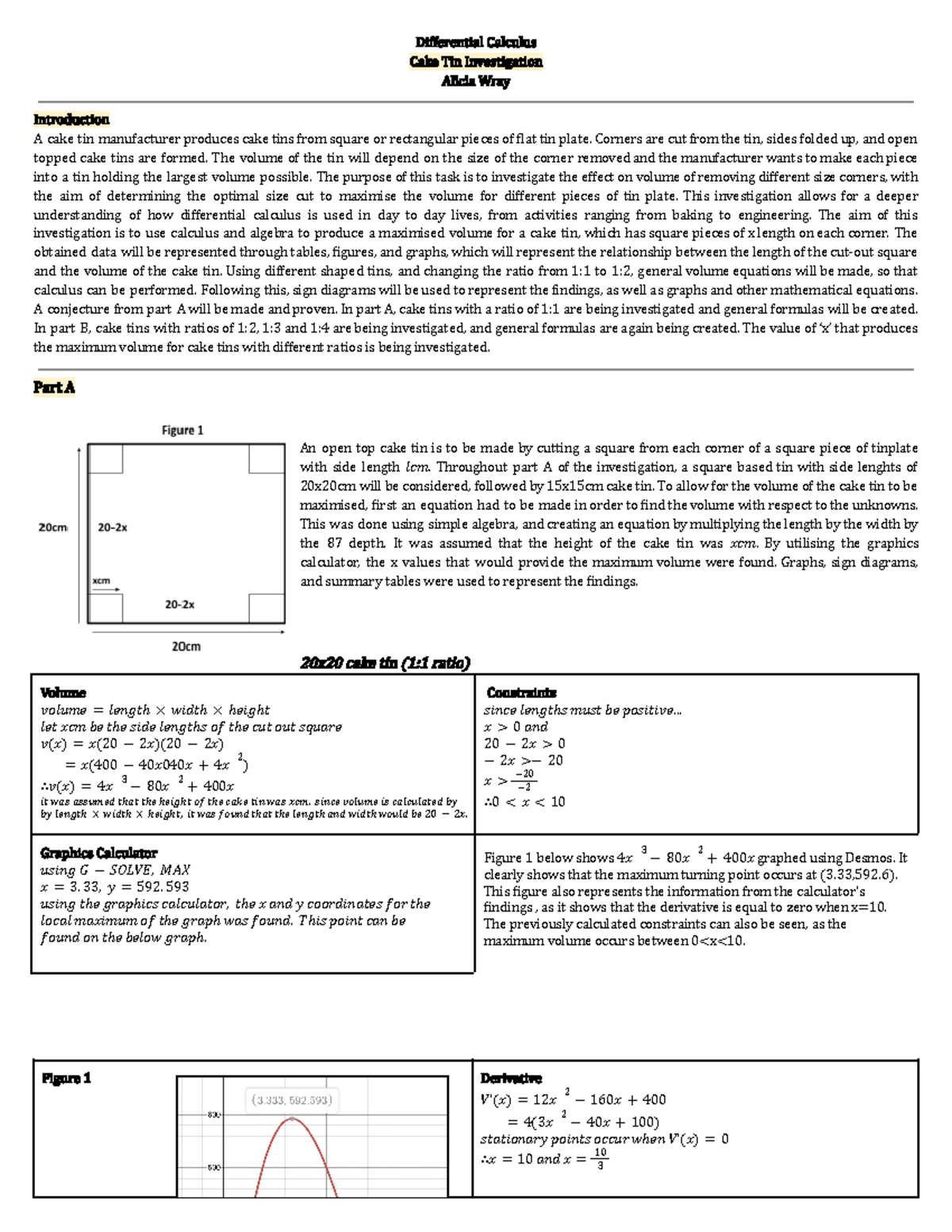 Spec 2 Differential Calculus Investigation: Cake Tin Analysis - Studocu