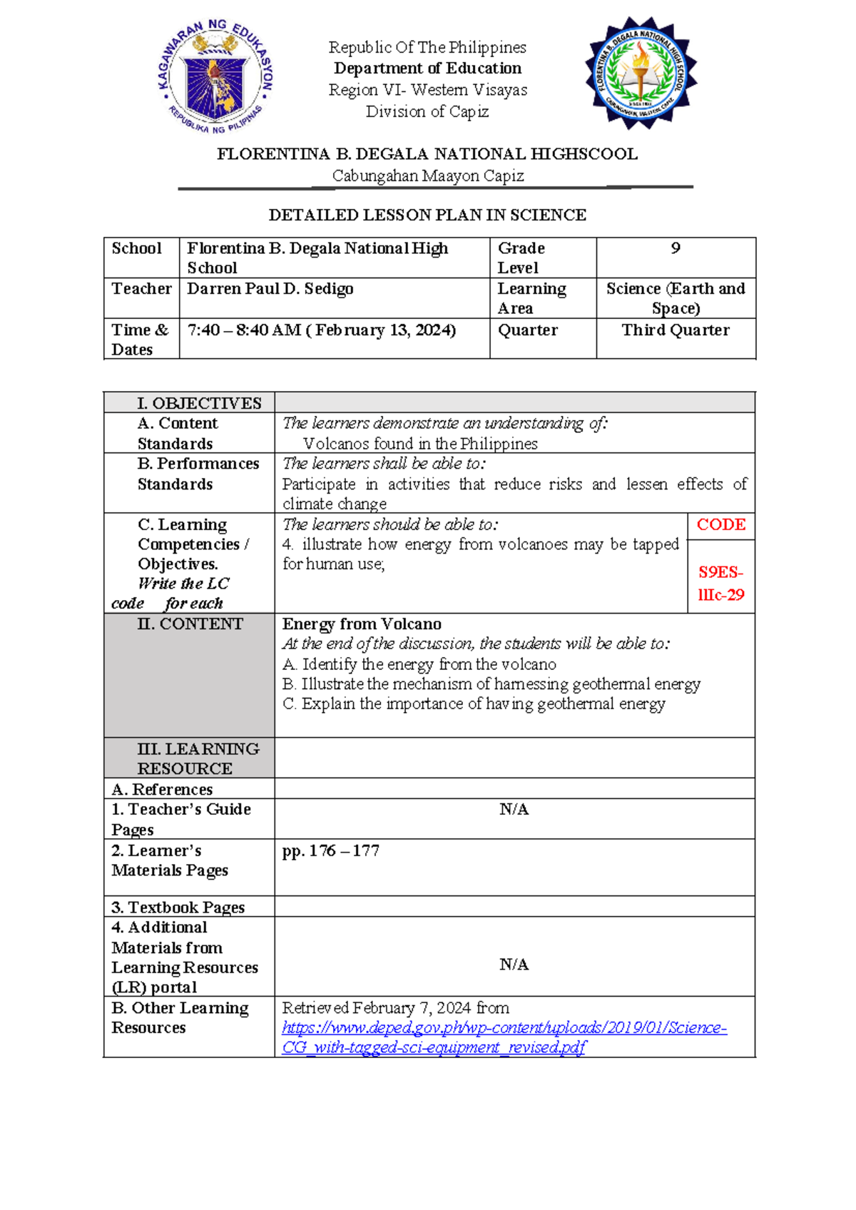 Detailed Lesson Plan in Science (Grade 9) on Geothermal Energy (S9ES ...