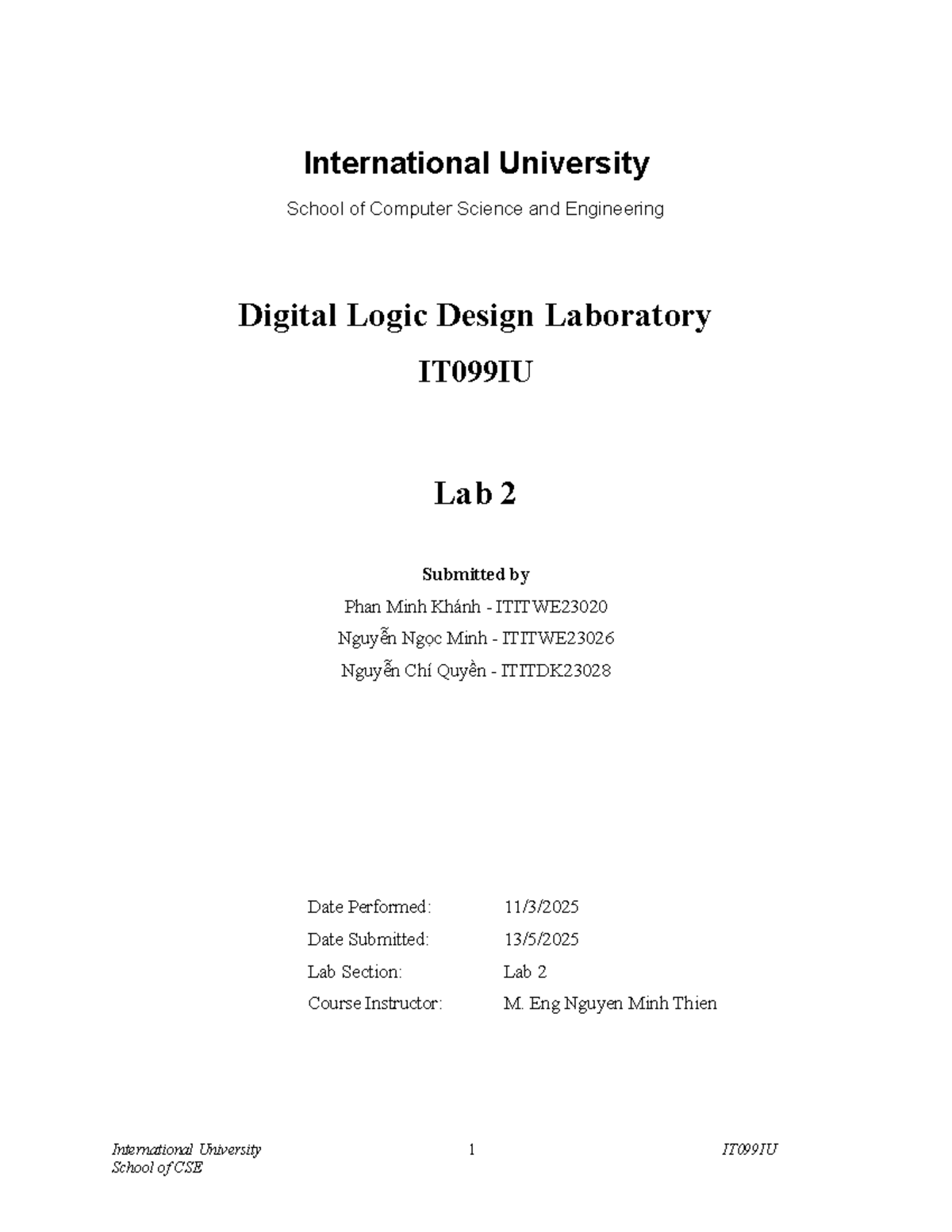 Lab 2 Report on Digital Logic Design IT099IU - Studocu