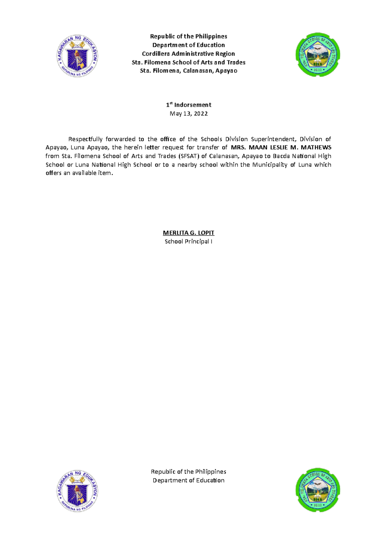 Request for Transfer of Maan Leslie P. Marcos - SFSAT to Luna, Apayao ...