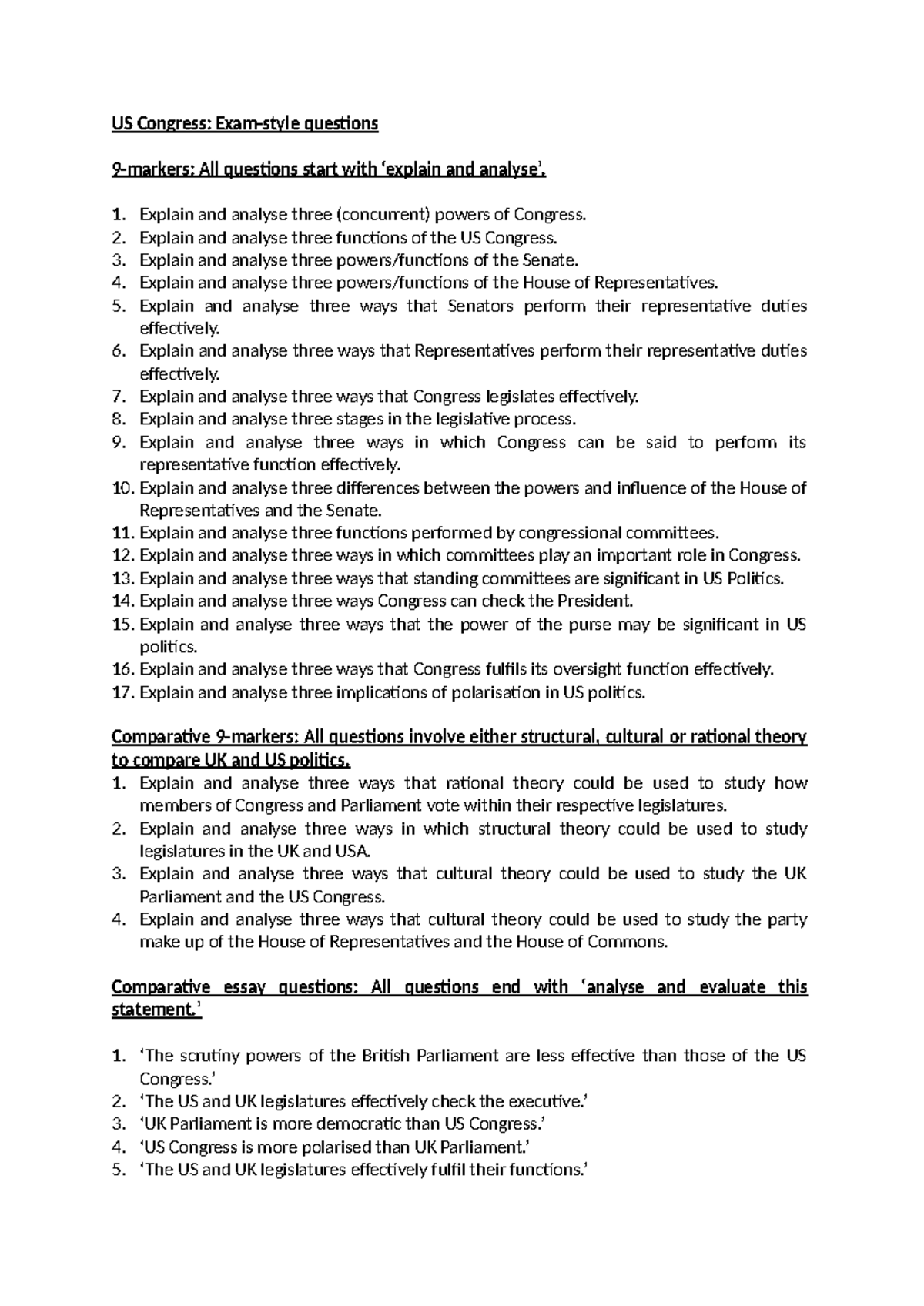 US Congress Exam-Style Questions: Analysis and Comparison Essay Topics ...