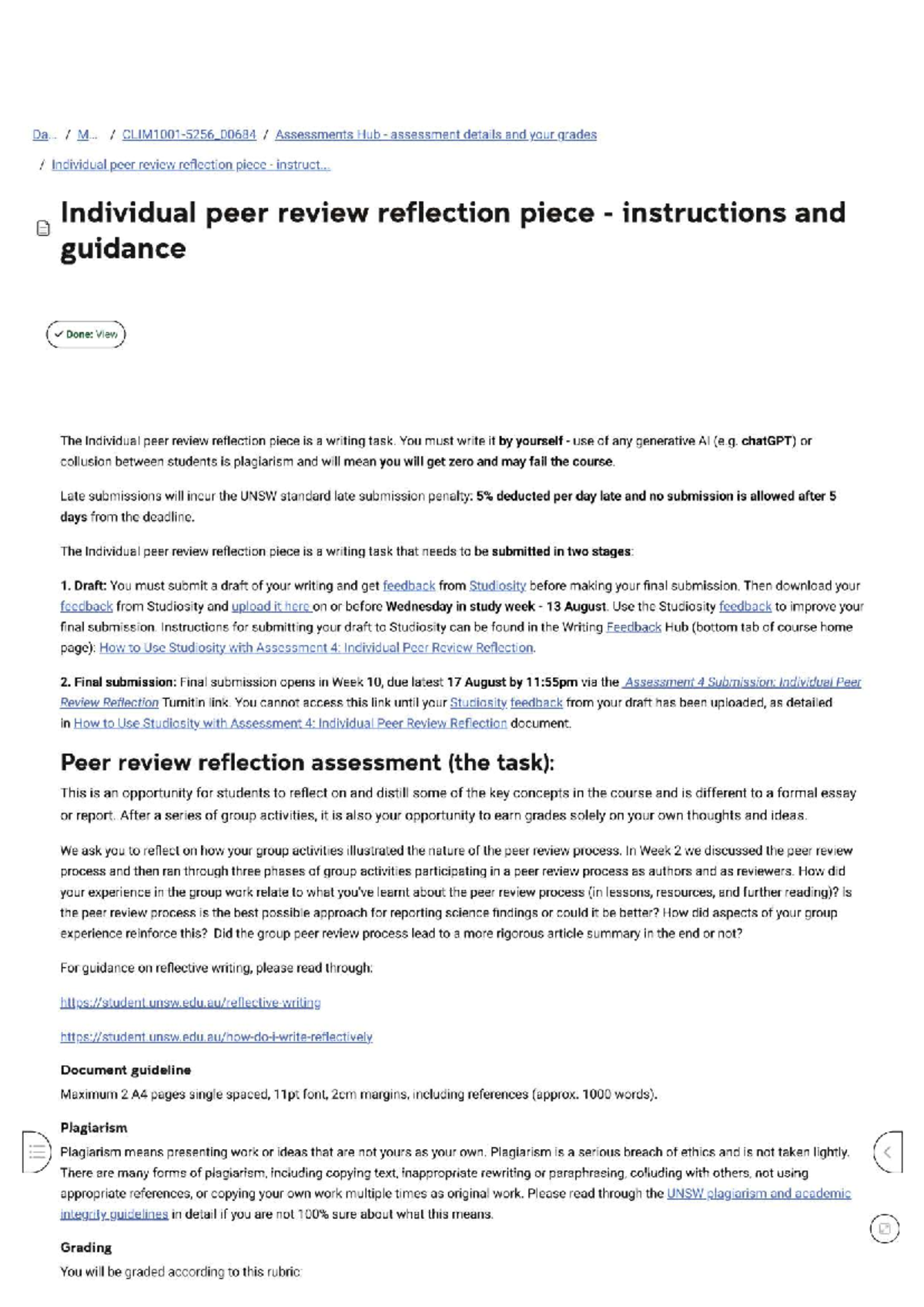 CLIM1001-5256 Individual Peer Review Reflection Instructions and ...