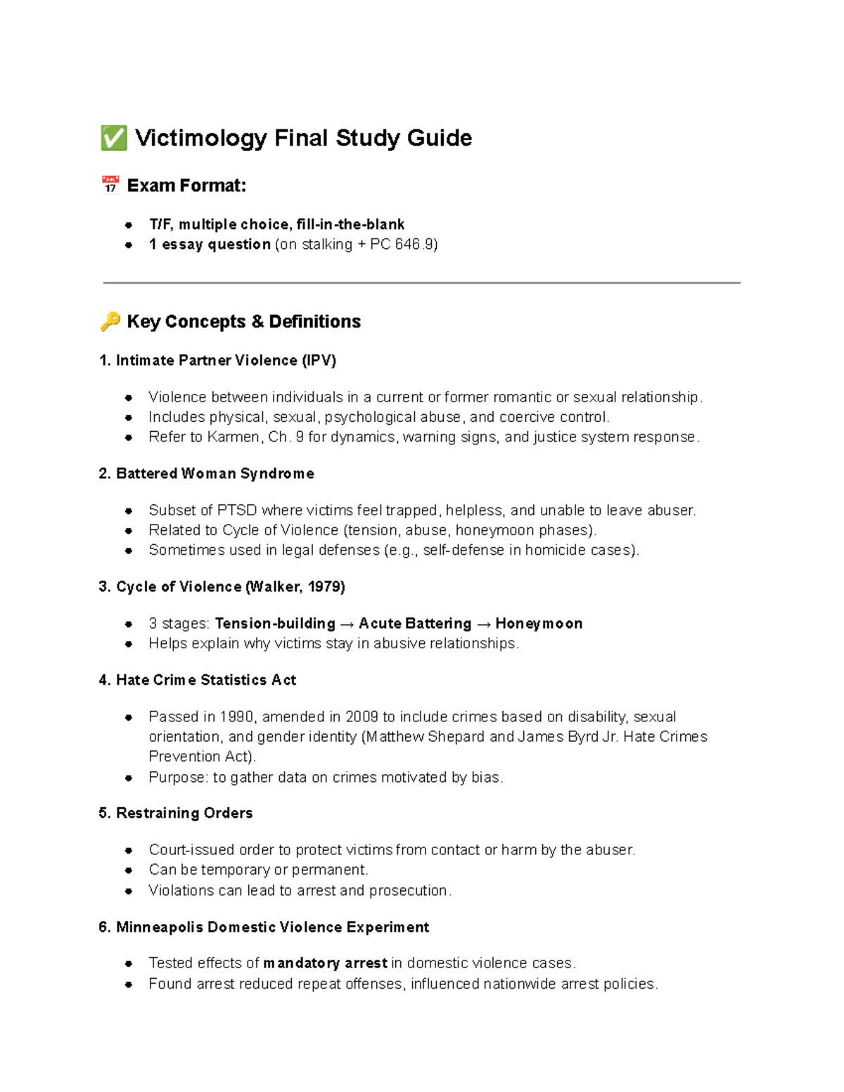 Victimology Final Study Guide: Stalking Typologies and PC 646.9 ...
