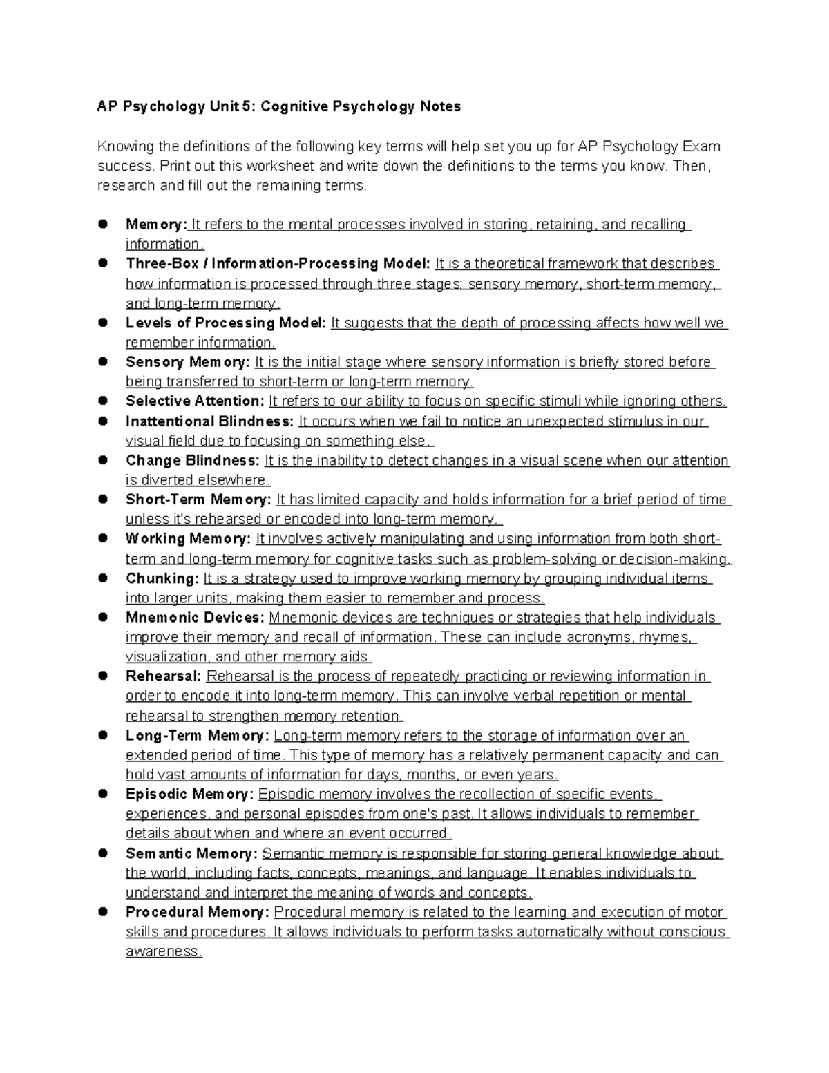 AP Psychology Unit 5 Cognitive Psychology Notes - Print out this ...
