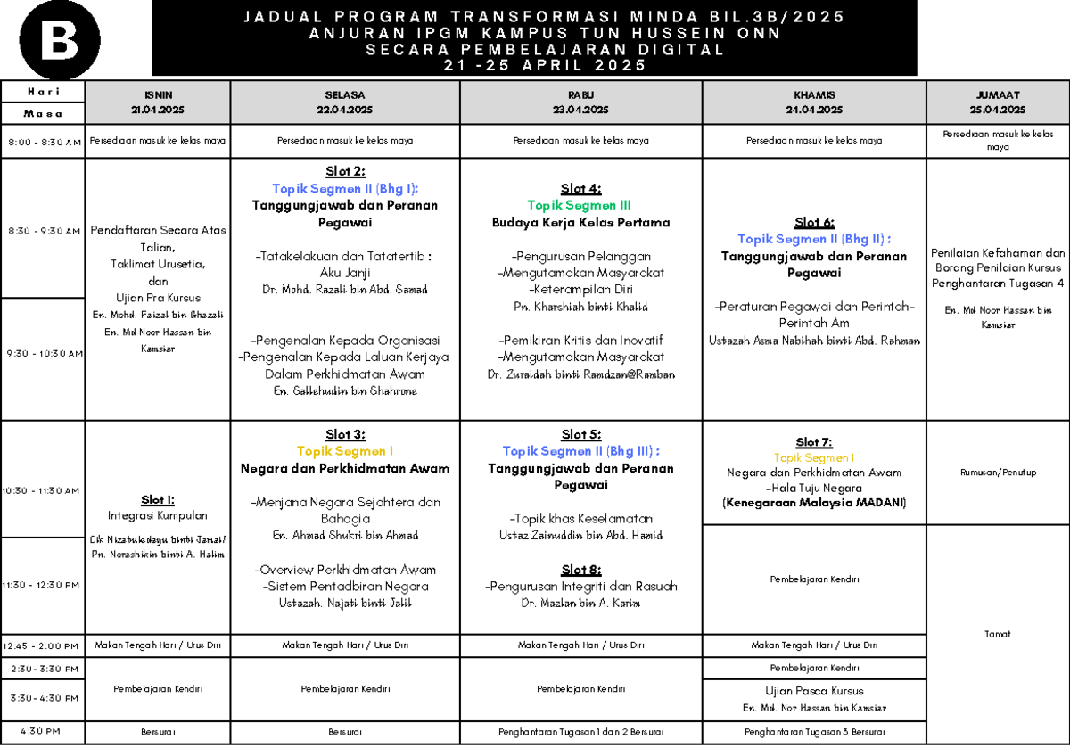Jadual Program Transformasi Minda IPGM 21-25 April 2025 - Studocu