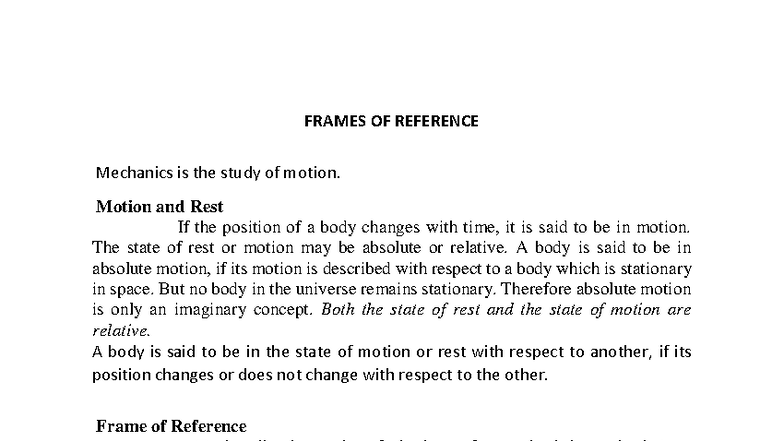 Frames of Reference in Mechanics: Understanding Motion and Rest - Studocu