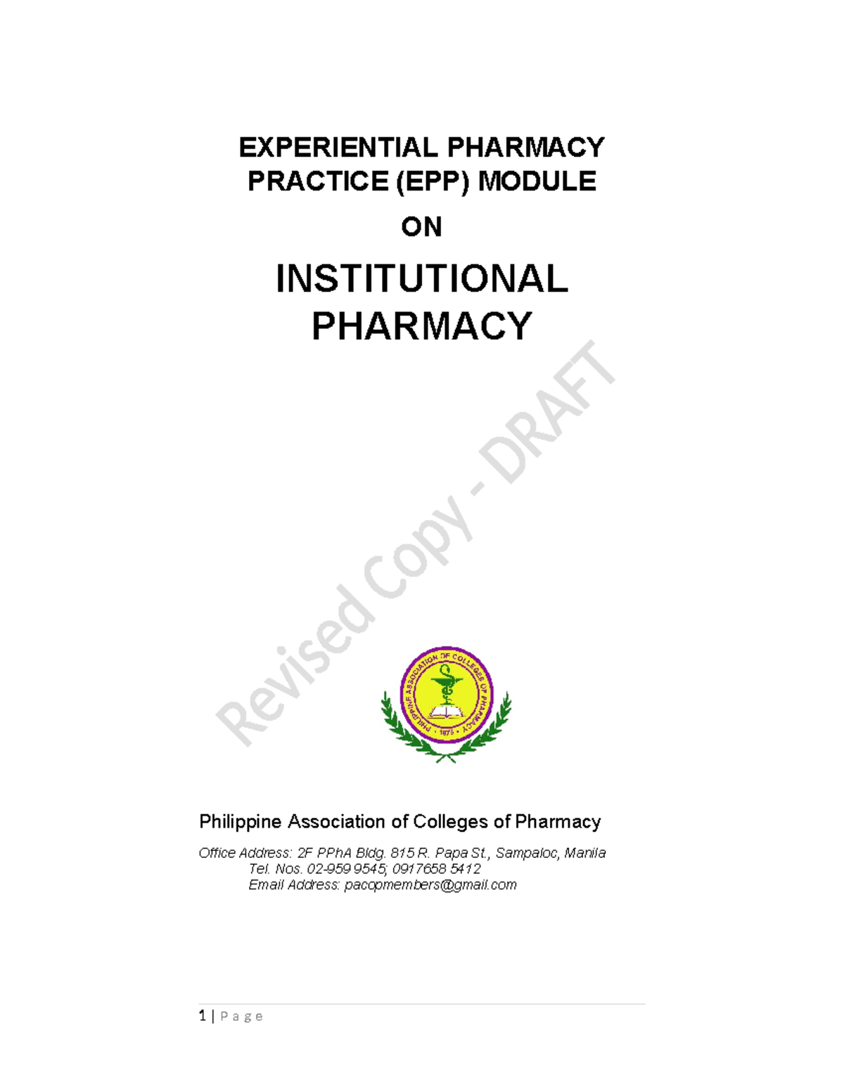 EPP Module: Institutional Pharmacy Practices and Application Projects ...
