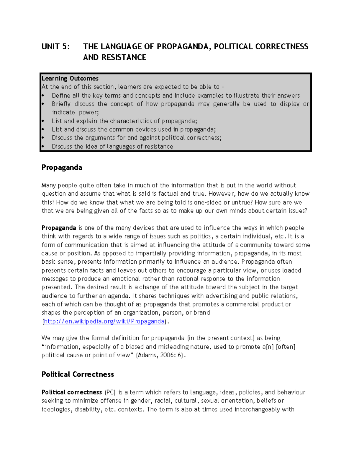 Unit 5: Propaganda, Political Correctness & Language of Resistance ...