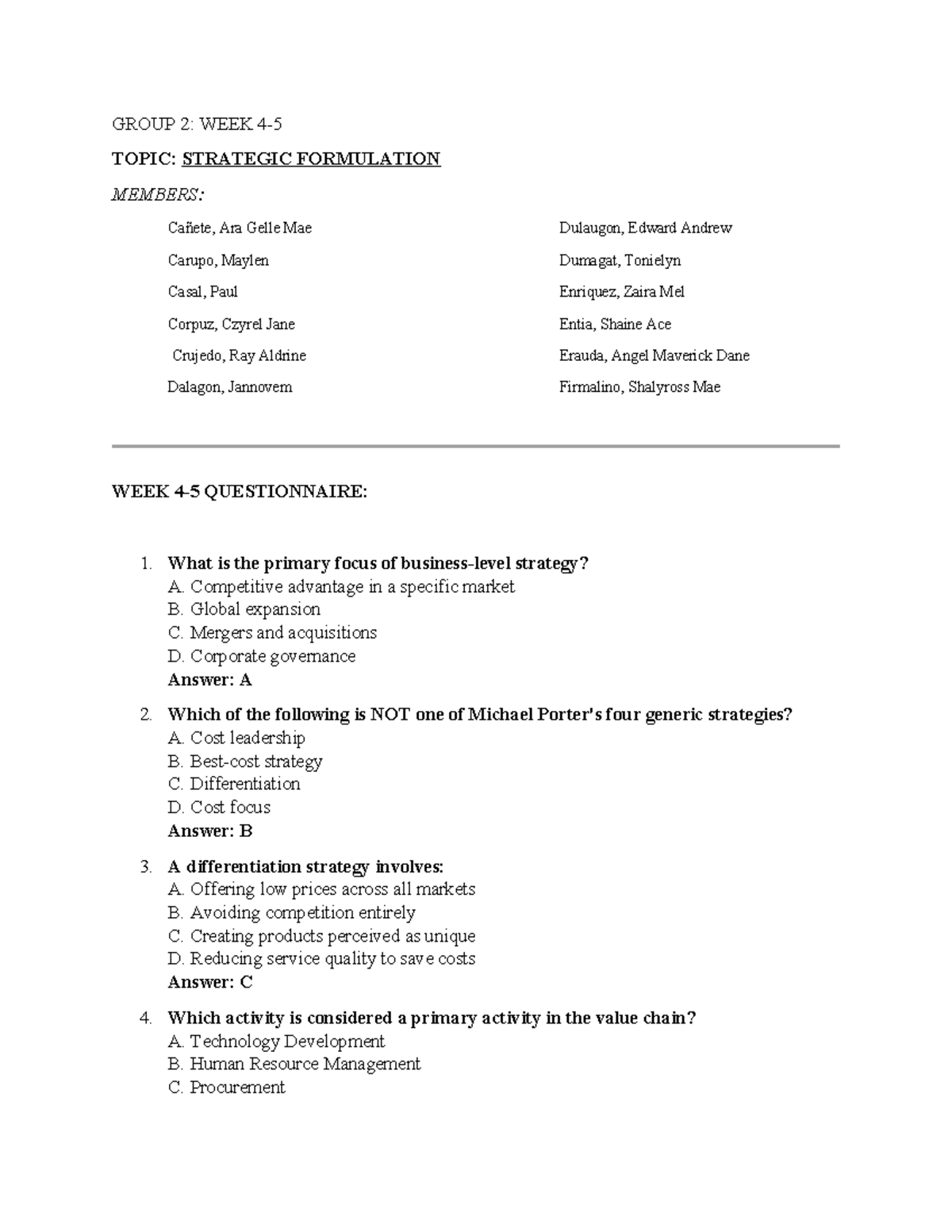 GROUP 2: WEEK 4-5 STRATEGIC FORMULATION QUESTIONNAIRE - Studocu