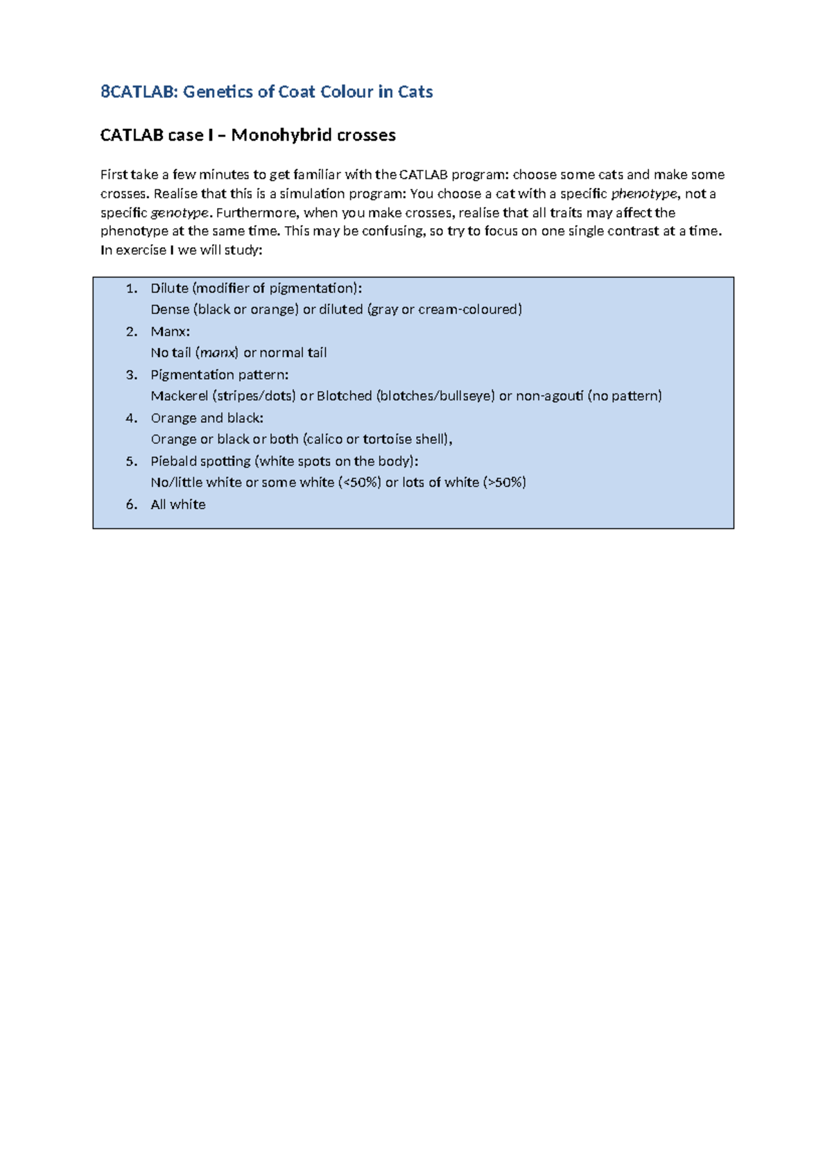 Genetics of Coat Colour in Cats: CATLAB Case Study I (8CATLAB ...