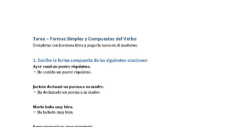 Tarea: Formas Simples y Compuestas del Verbo - Ejercicios y Respuestas ...