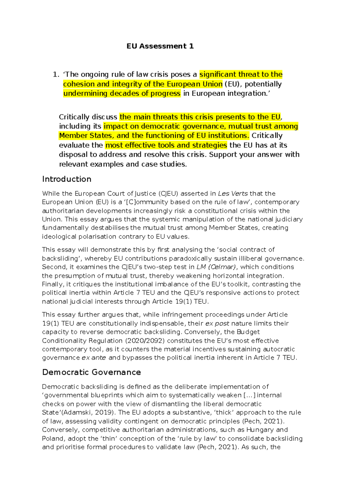 EU Law Essay: Addressing the Ongoing Rule of Law Crisis in the EU - Studocu
