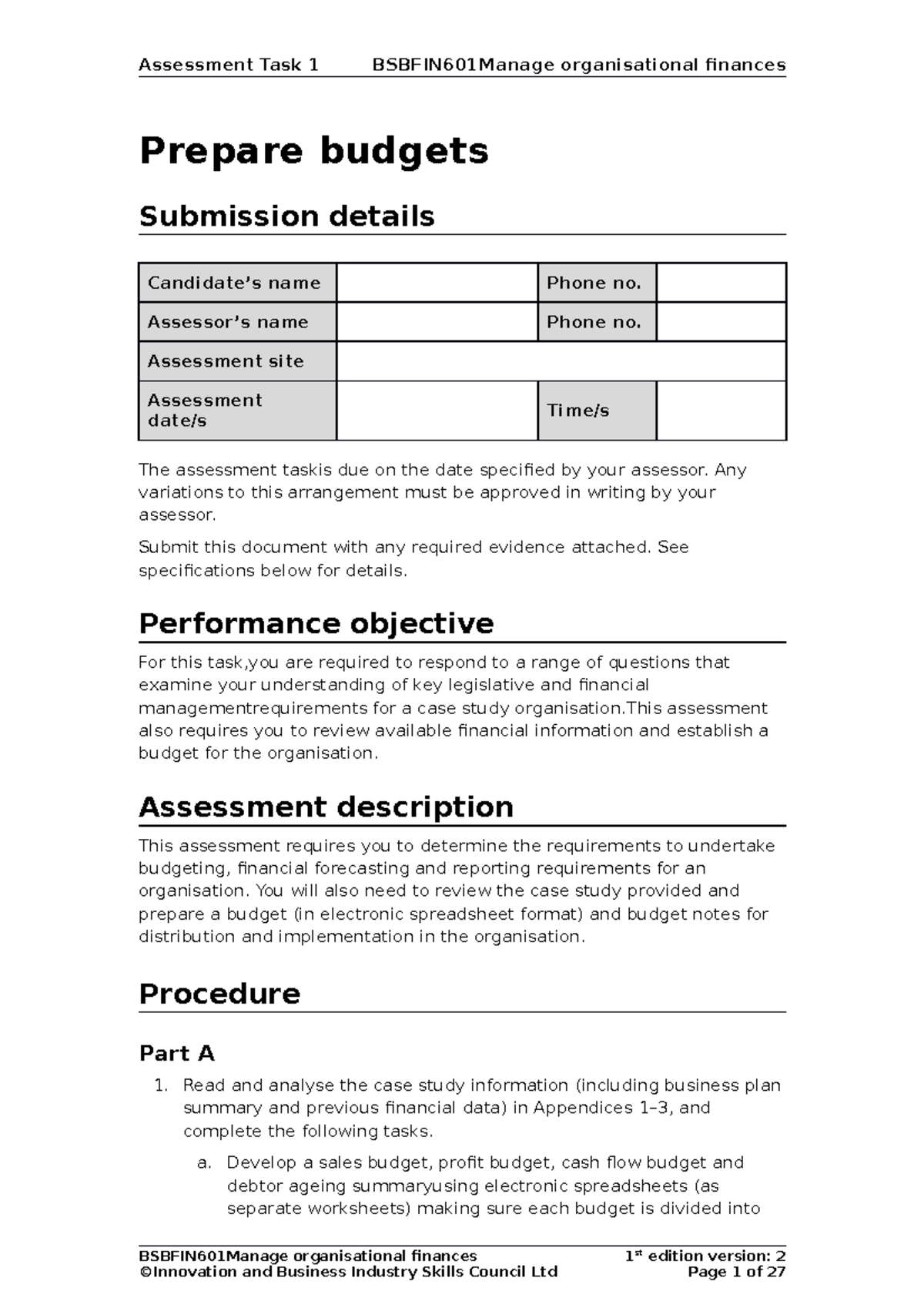 BSBFIN601 Budgeting and Financial Management Assessment Task 1 - Studocu