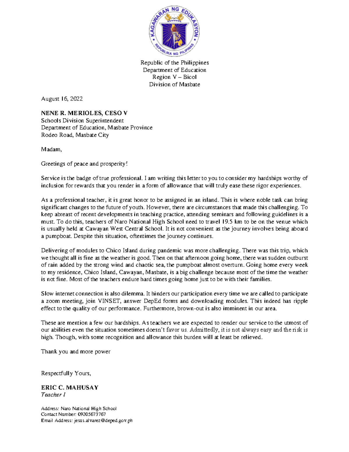 Justification Letter for Allowance Request - Teacher I - Studocu