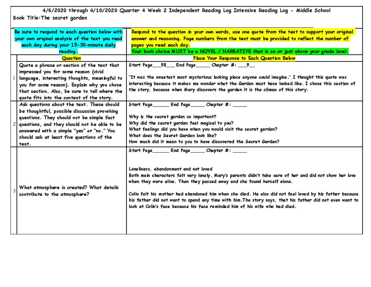 Reading log 2 Q4 - 4/6/2020 through 4/10/2020 Quarter 4 Week 2 ...
