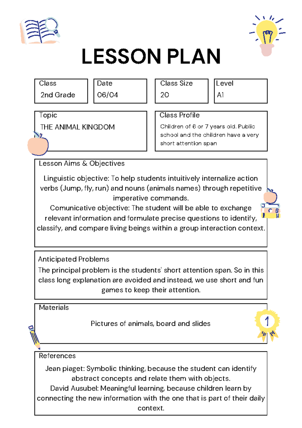 Lesson Plan A1: The Animal Kingdom for 2nd Grade Students - Studocu
