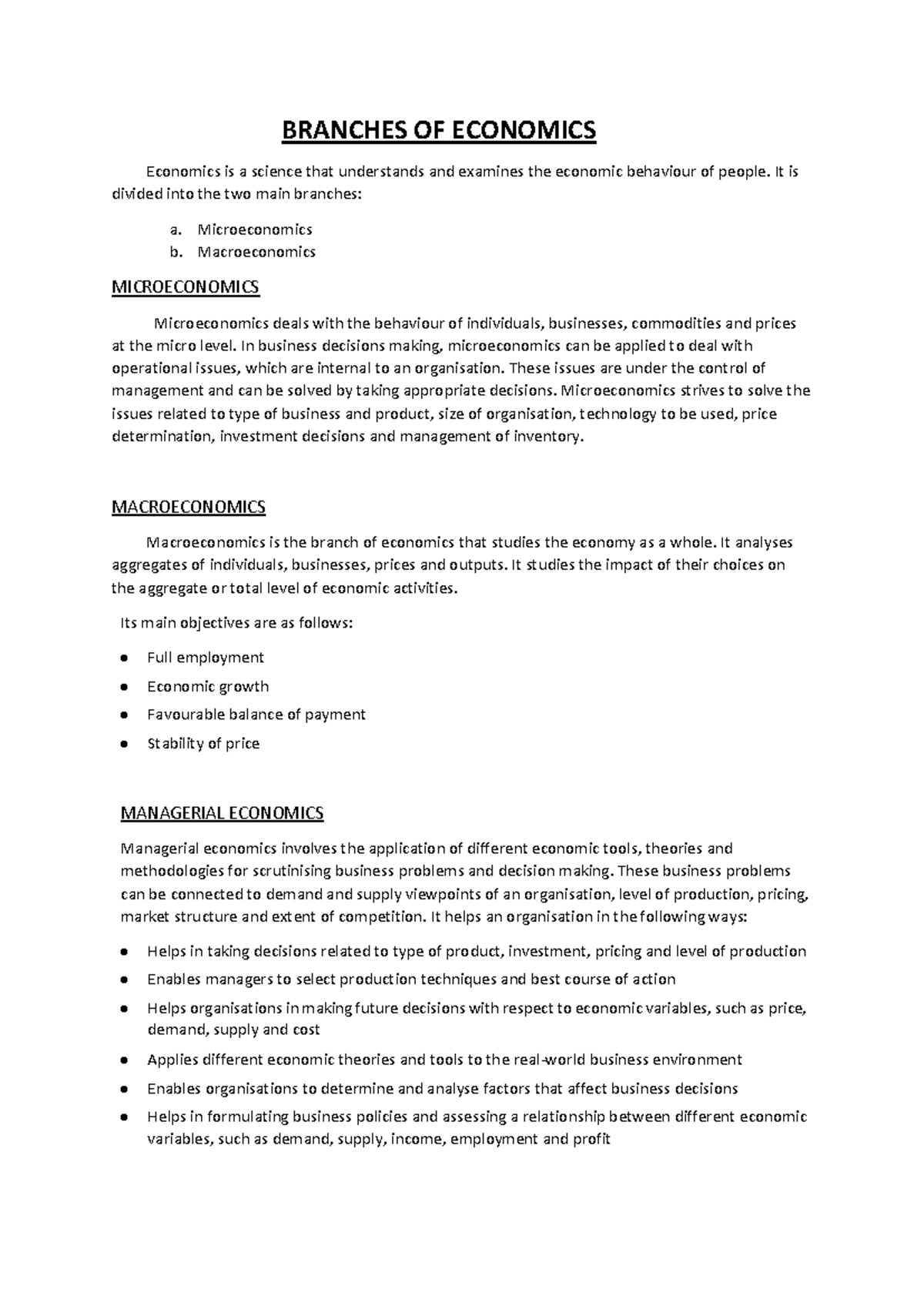 Branches of Economics: Lecture Notes on Micro & Macro Concepts - Studocu