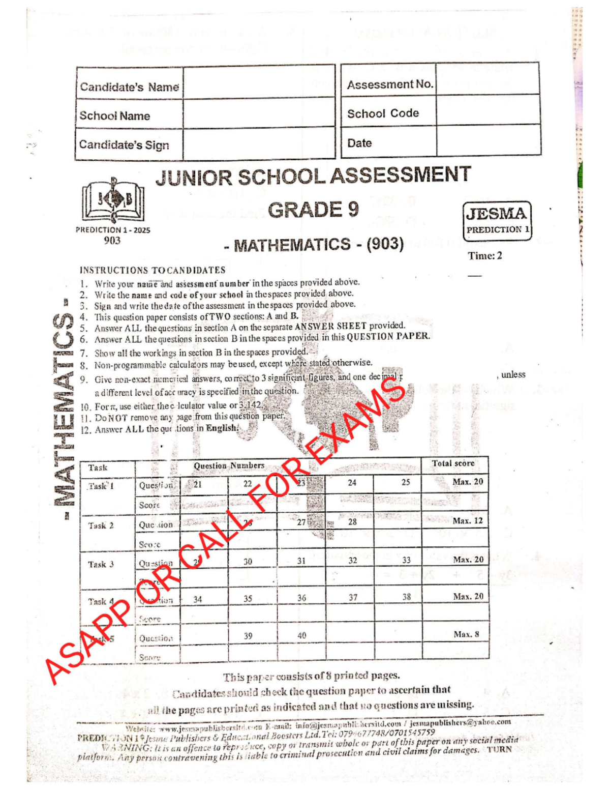 G9 Maths Junior School Assessment 1 Prediction 1 - Studocu