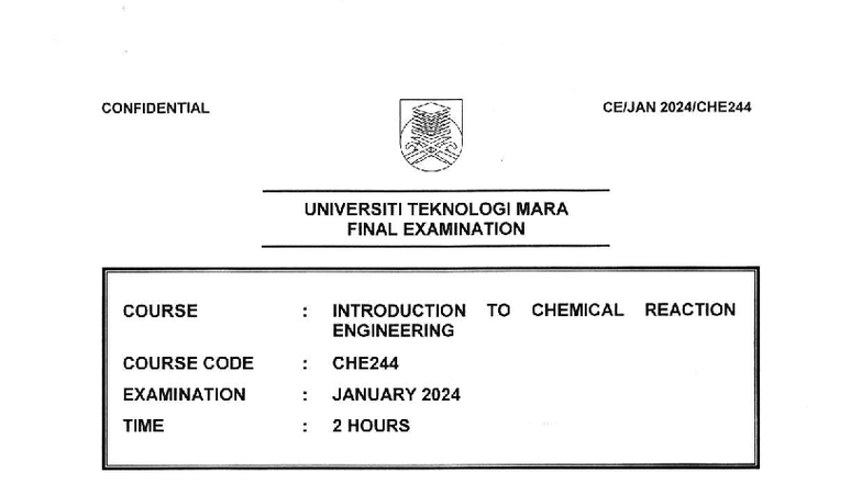 Jan 2024 CHE244 Final Exam - Introduction to Chemical Reaction ...