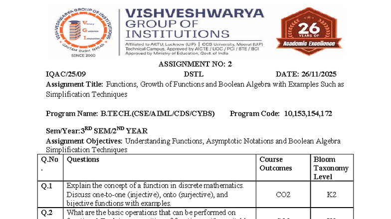 DSTL 10,153,154,172: Functions & Boolean Algebra Assignment 2 - Studocu