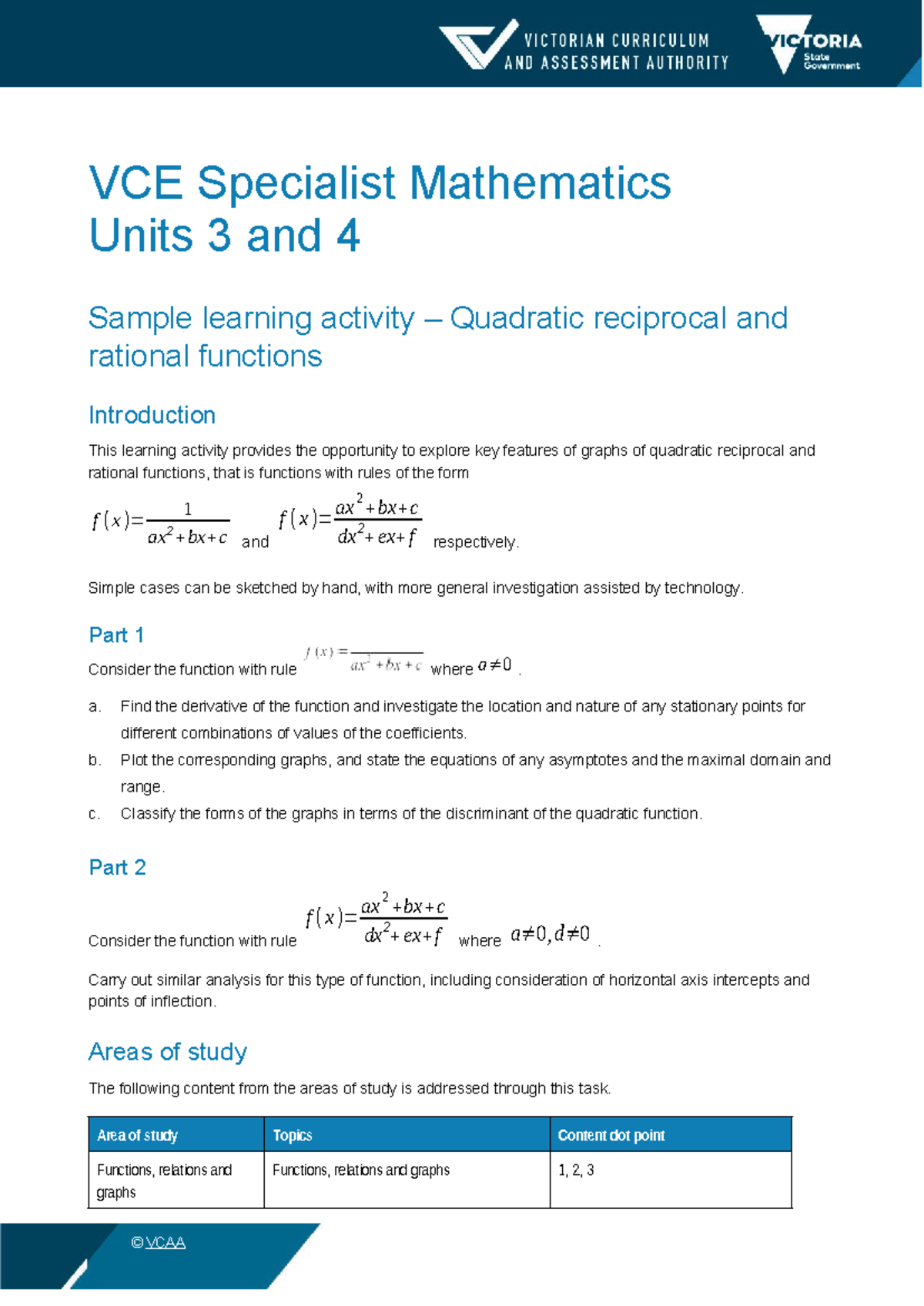 2023 VCE Specialist Mathematics Units 3 & 4: Quadratic Functions ...