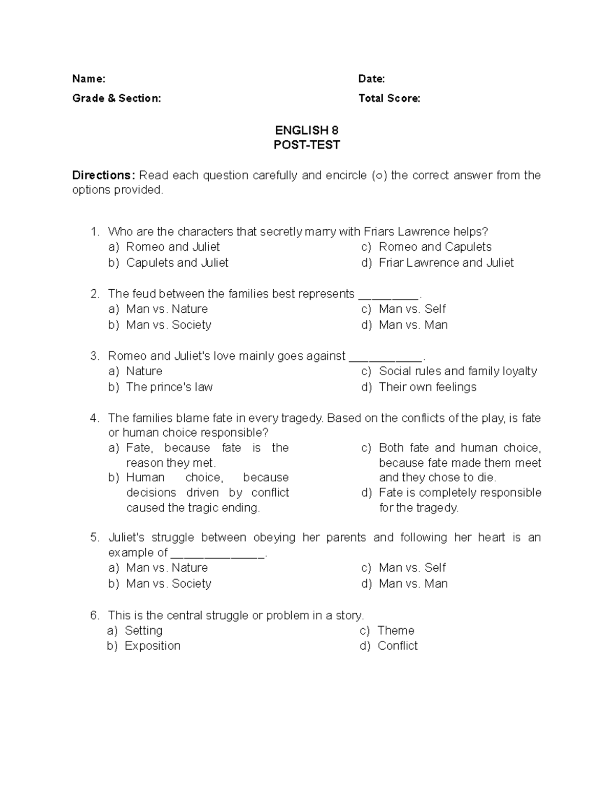 POST TEST - MATERIAL: ENGLISH 8 Exam on Romeo and Juliet - Studocu